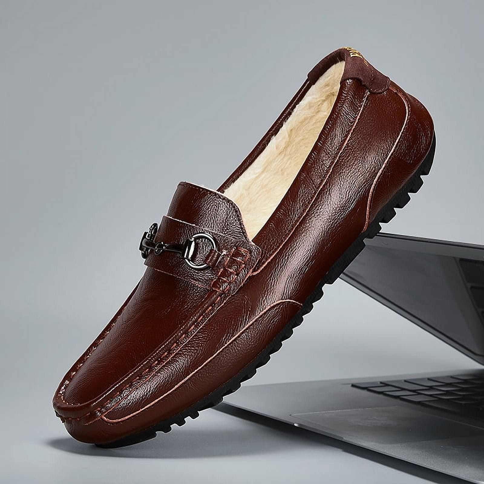 Winter Men's Casual Loafers Slip On Outdoor Fuzzy Furry Loafers Leather ...