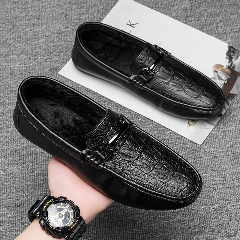 Winter Men's Casual Loafers Slip On Outdoor Fuzzy Furry Loafers Leather ...