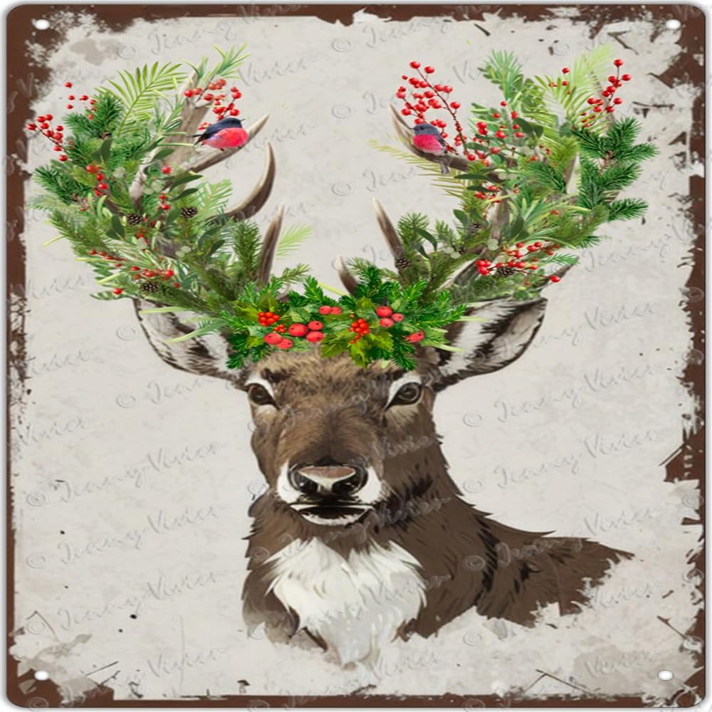 Winter Metal Signs Deer Antique Square Tin Sign Christmas Holly Home ...