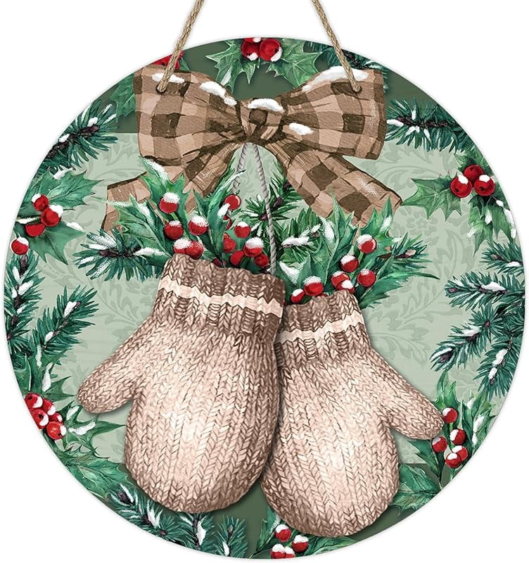 Winter Mitten Blue Front Door Sign, Red Holly Berries Plaid Bow ...