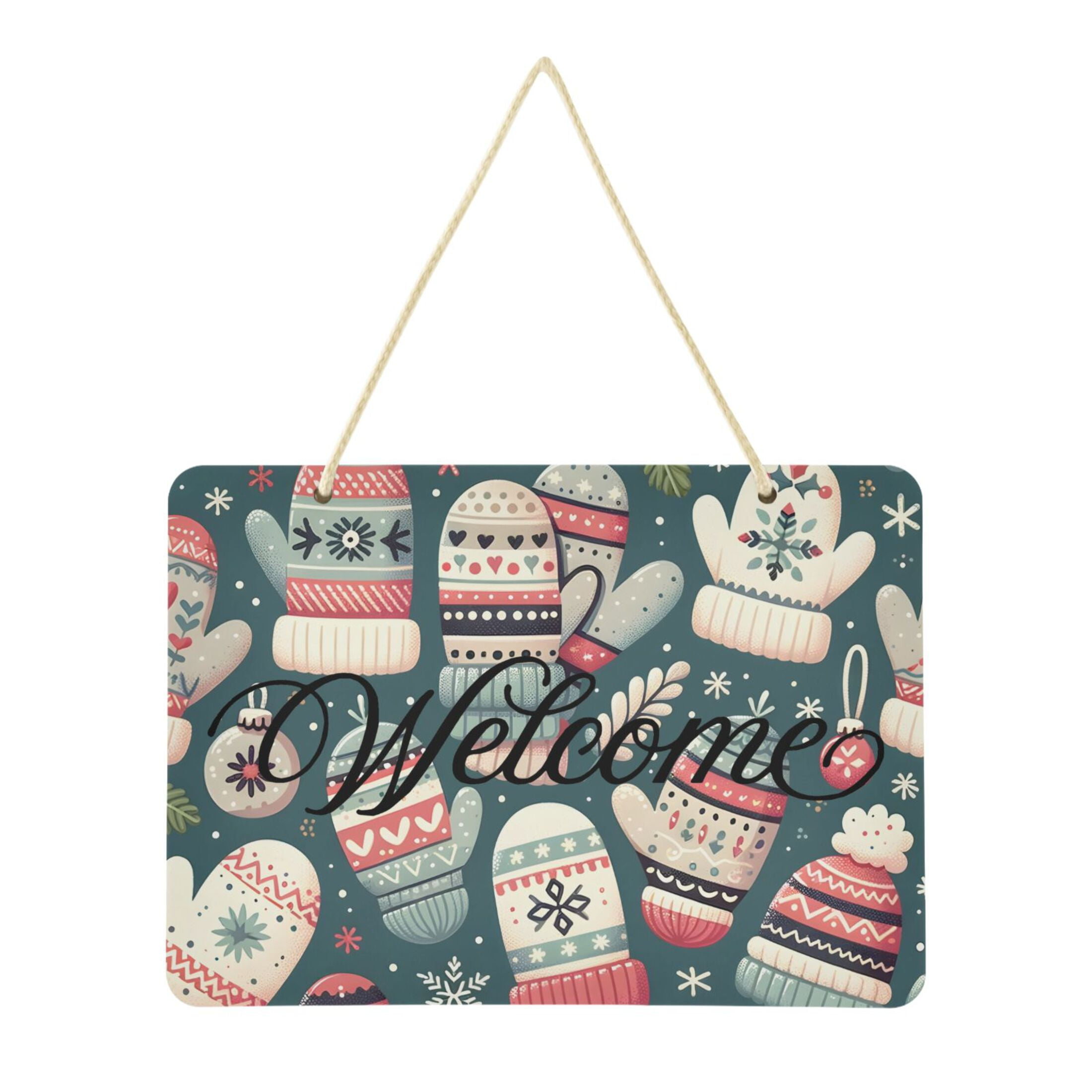 Winter Mittens and Snow Welcome Sign Front Door PVC 14x10 inch Hanger ...