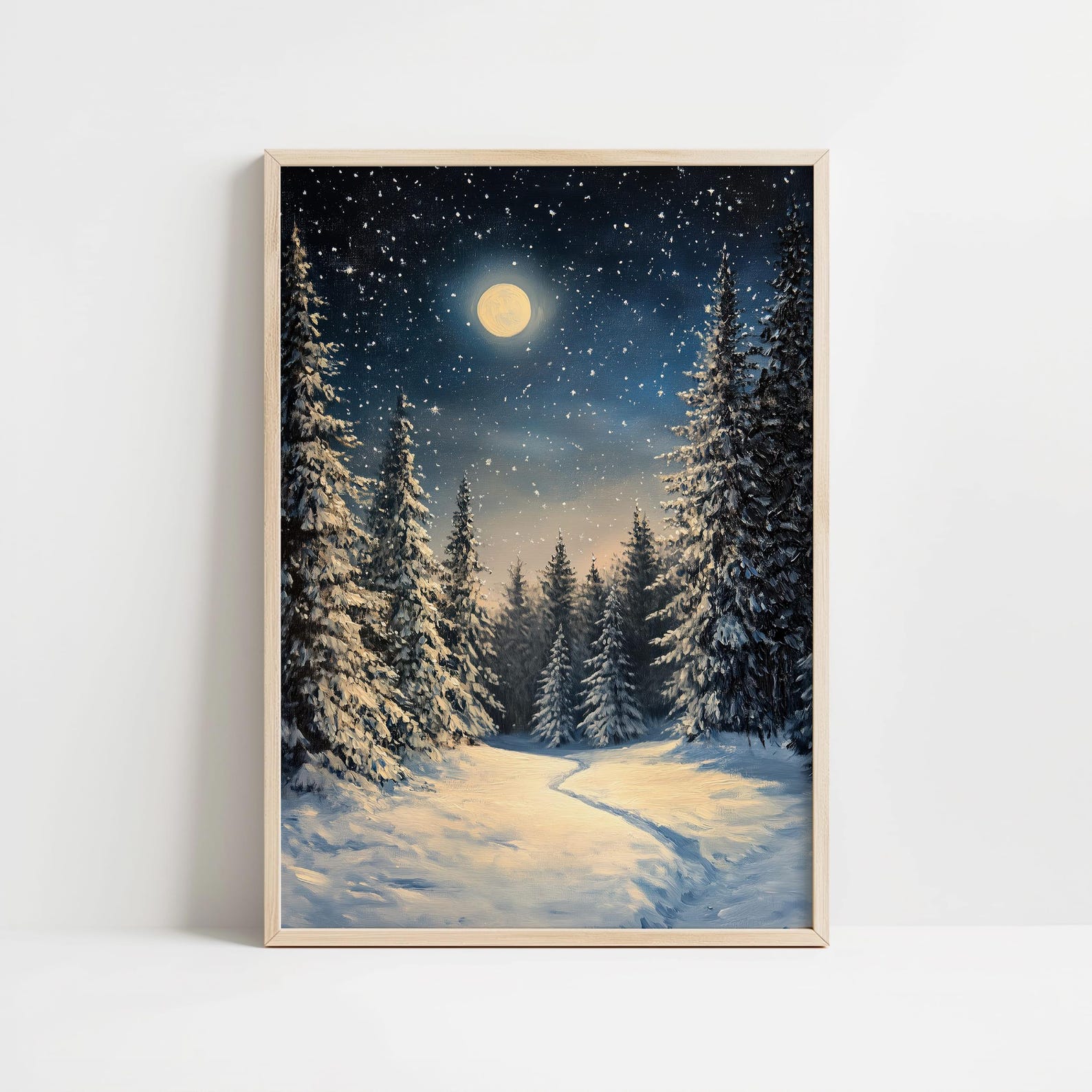 Winter Moon Forest Art, Snowy Night Landscape, Christmas Wall Art Print ...