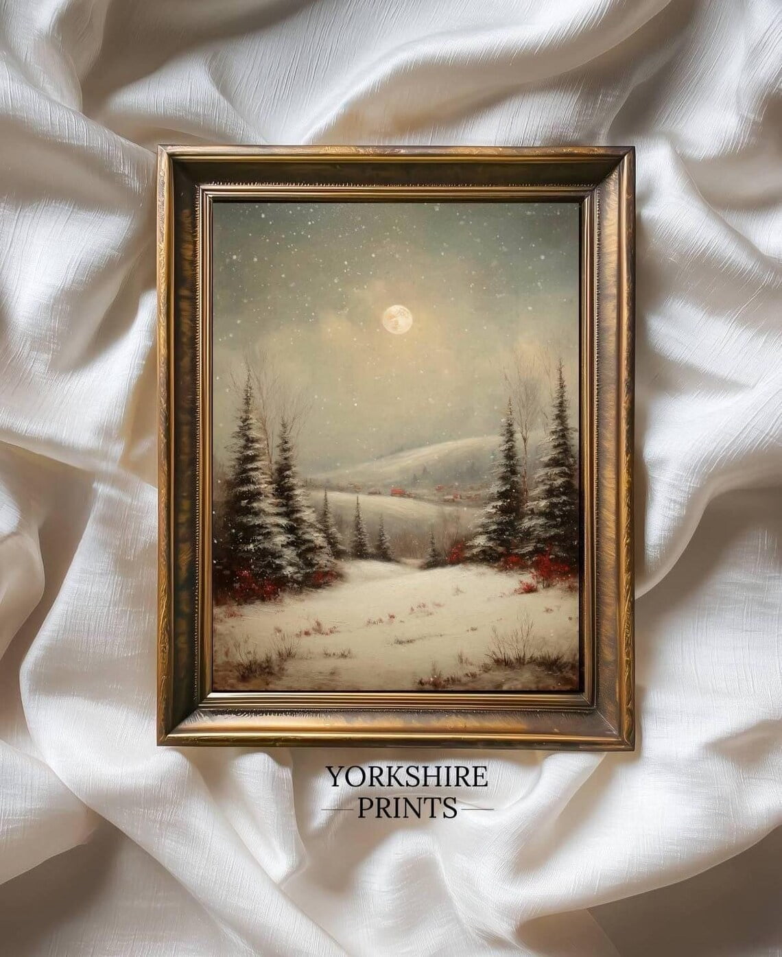 Winter Moonlight Snow Scene Print, Rustic Winter Village Landscape ...
