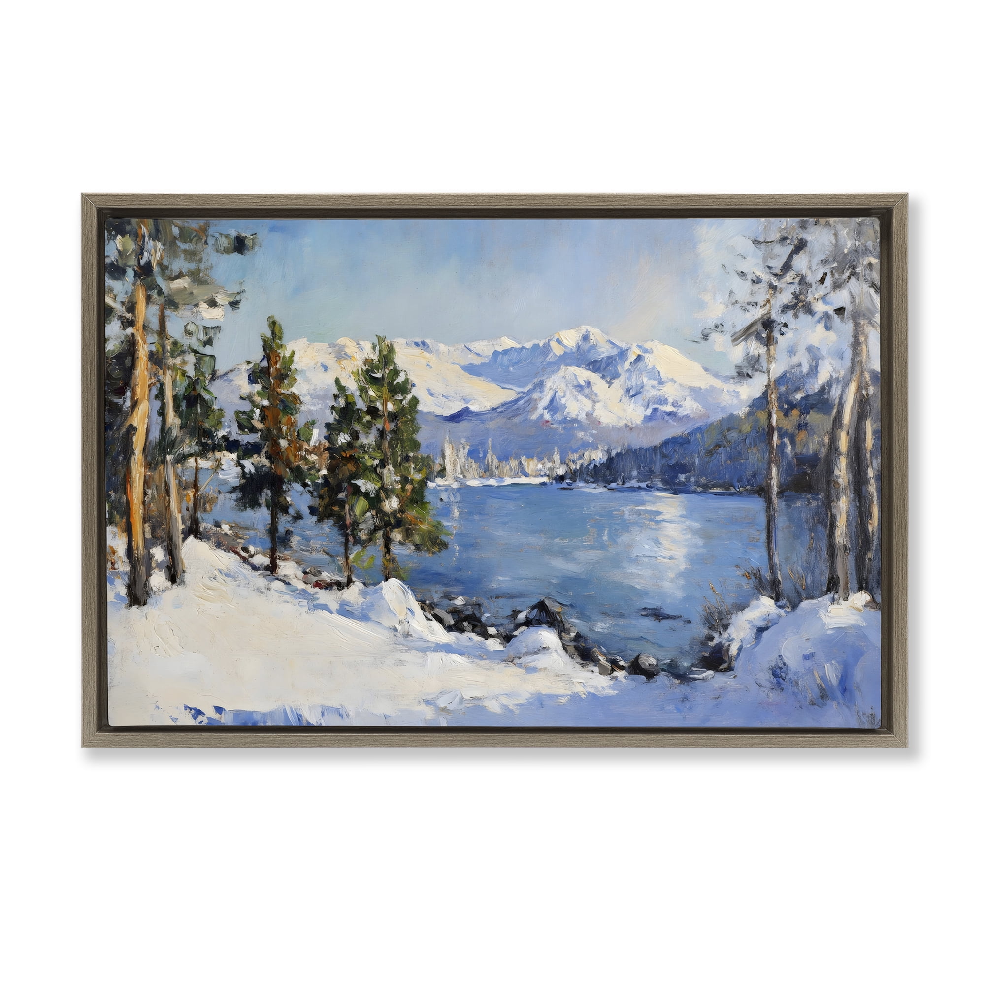 Winter Mountain Lake Brown Framed Floater Canvas Wall Art, design by ...
