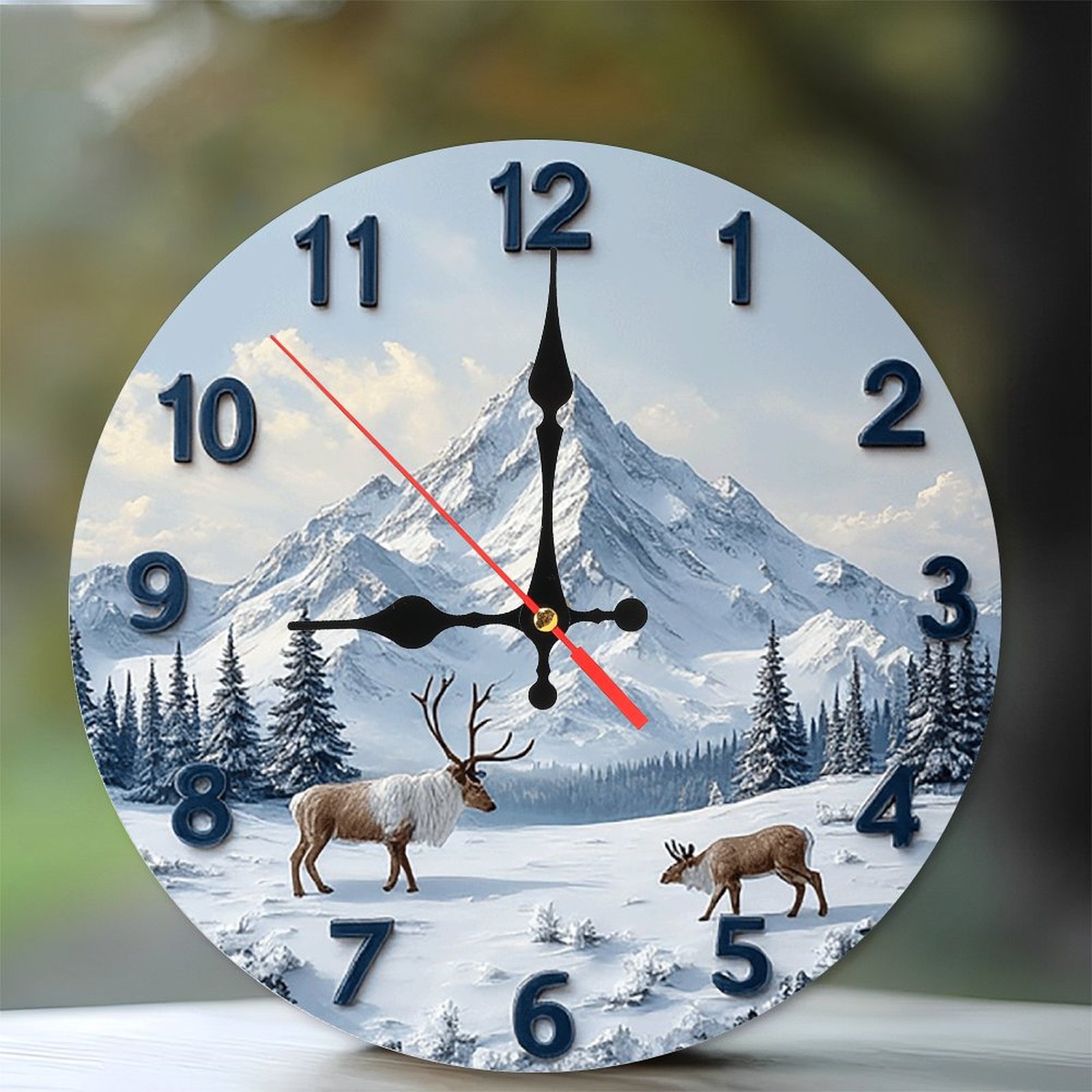 Winter Mountain Reindeer Wall Clock 10-Inch Silent Wooden Wall Clock ...