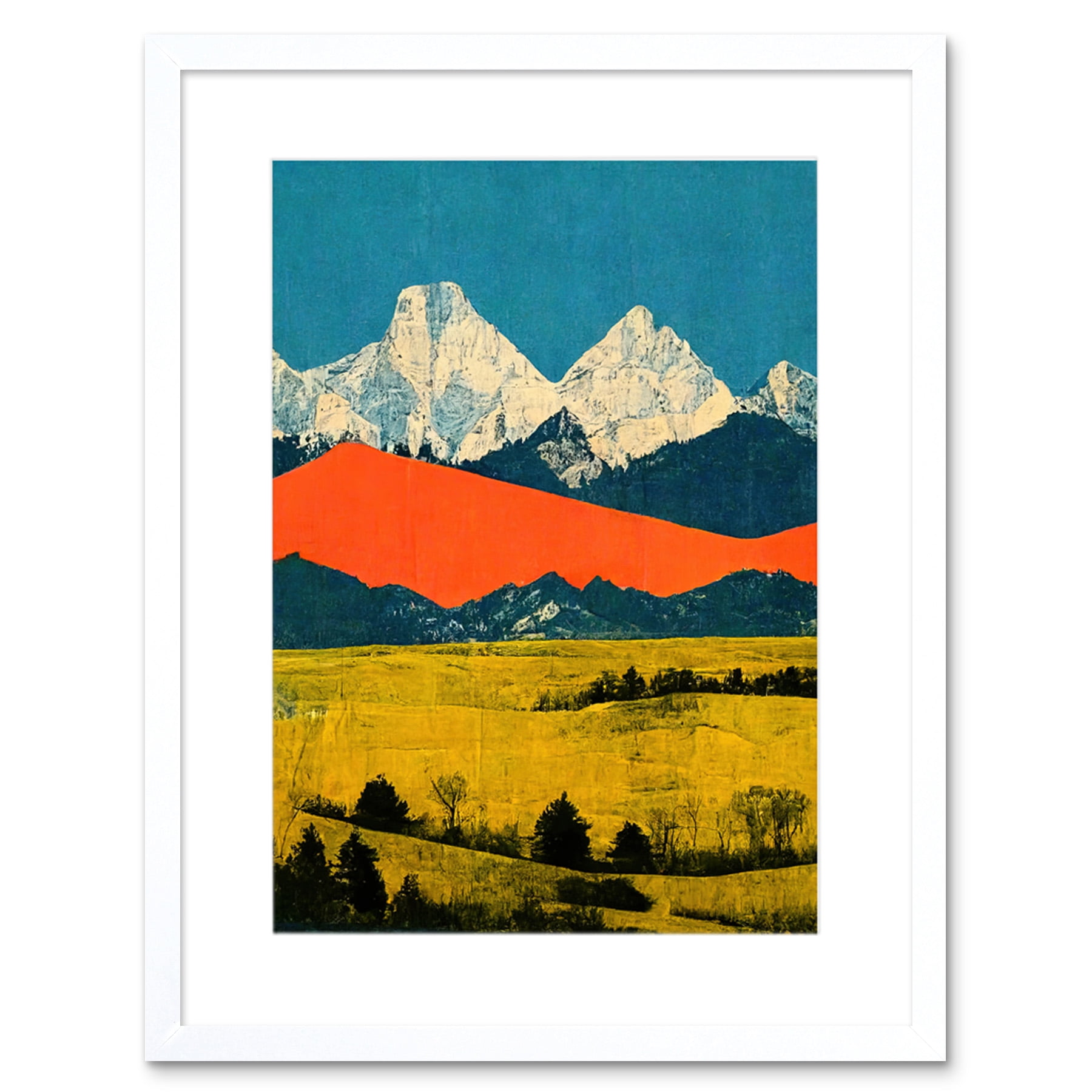 Winter Mountains Landscape Modern Papercut Blue Orange Mustard Artwork ...