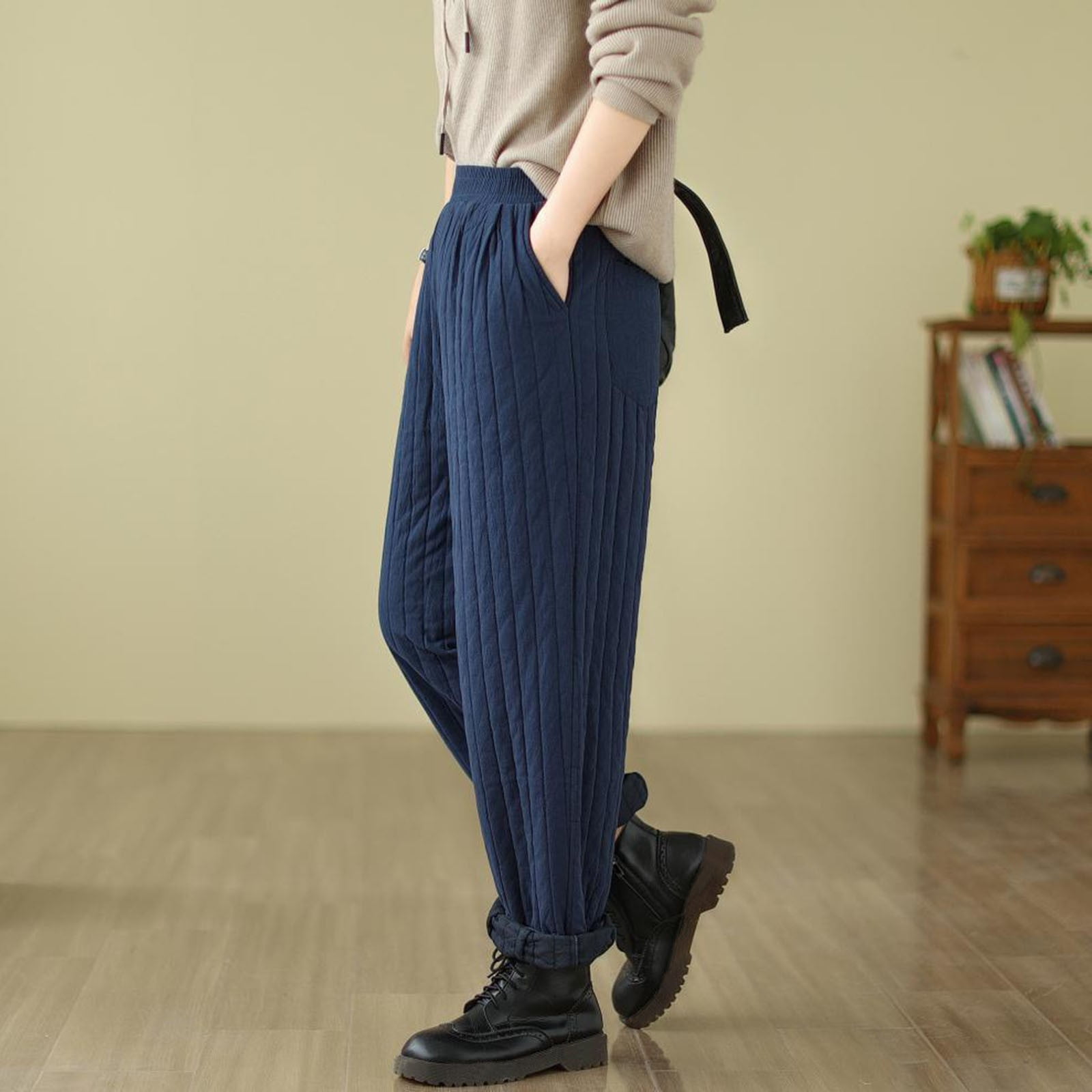 Winter New Pants Retro Stripes Thin Slacks Linen Thickened Warm Pants ...