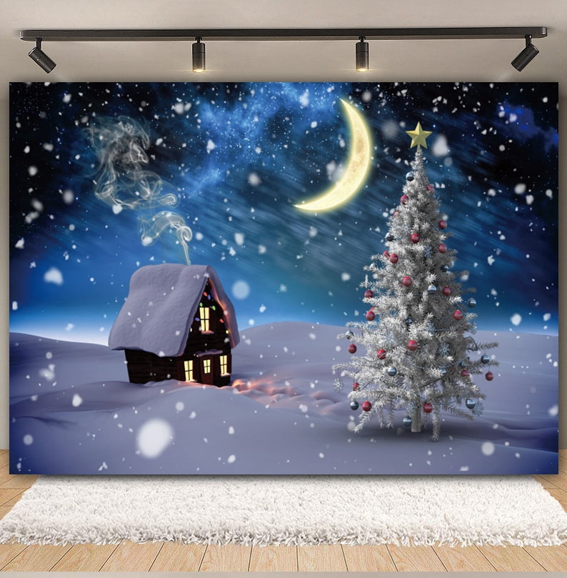 Winter Night Aurora Christmas Backdrop Starry Sky Moon Night Snowman ...