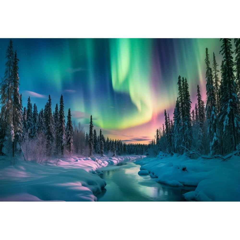 Winter Night Aurora Natural Scene Backdrop Arctic Snow Capped Mountains ...