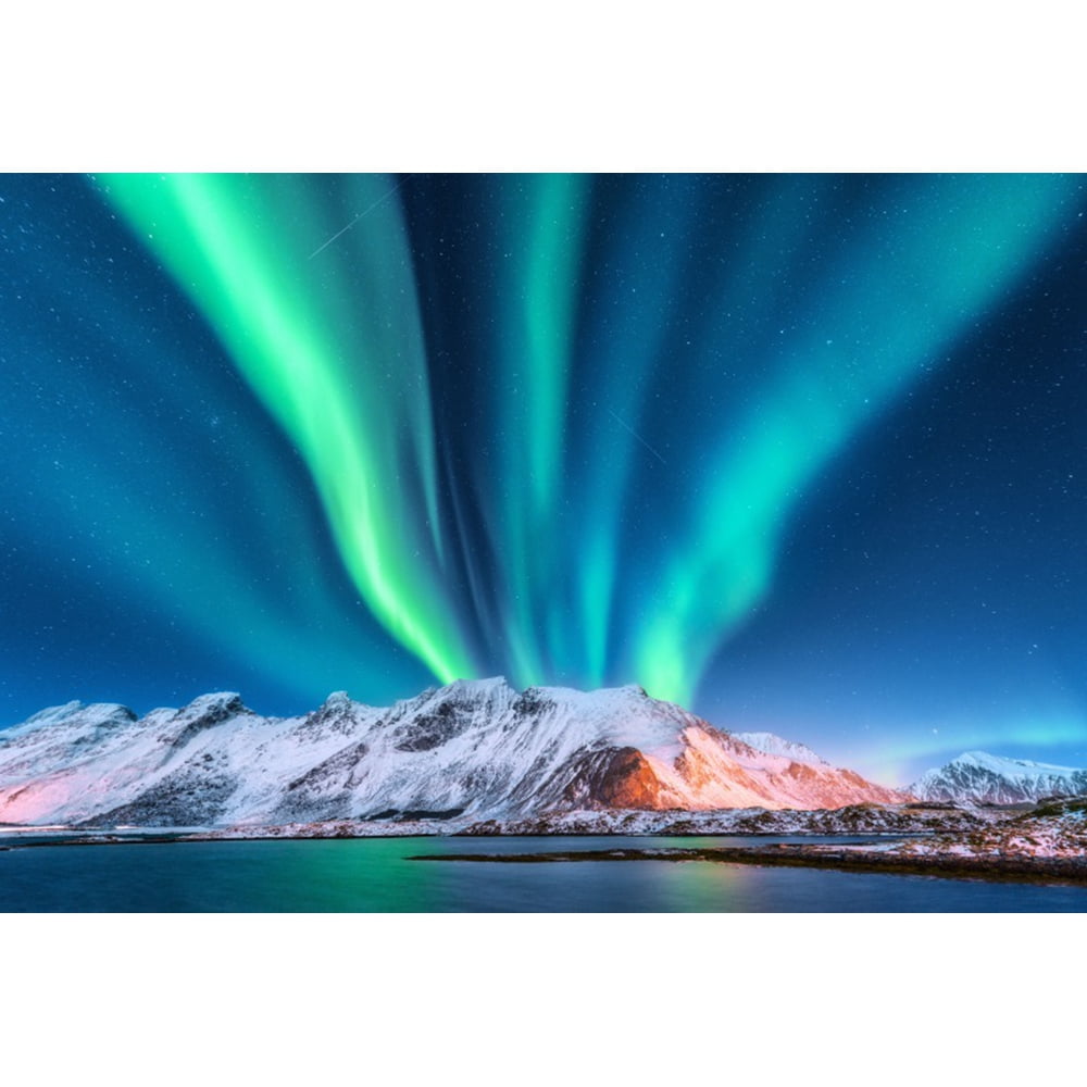 Winter Night Aurora Natural Scene Backdrop Arctic Snow Capped Mountains ...