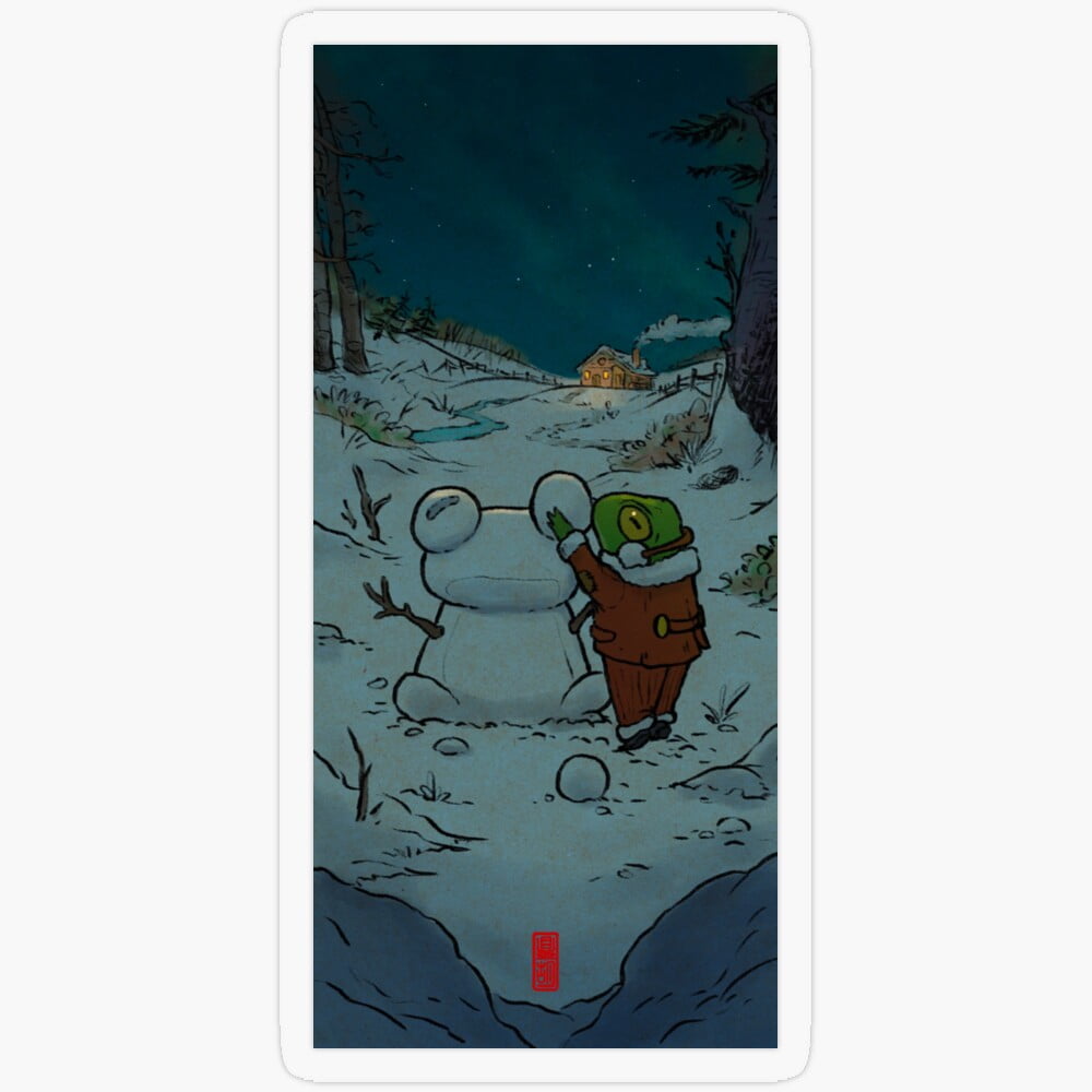 Winter Night Frog Building A Snowman Illustration Transparent ...