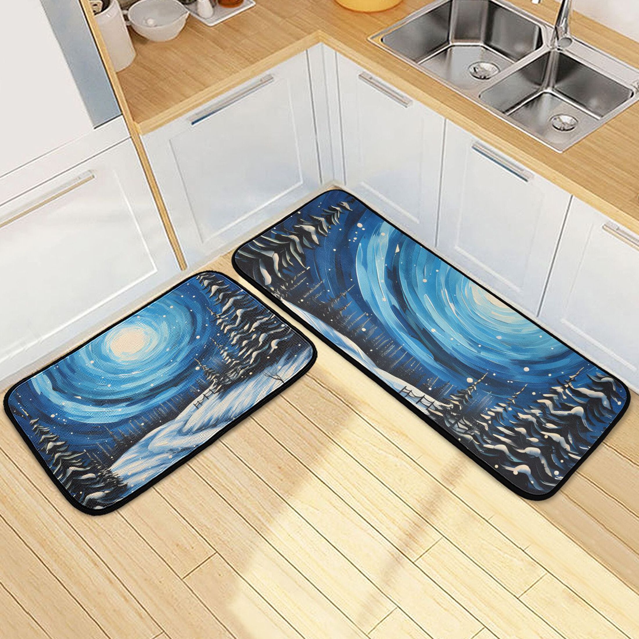 Winter Night Kitchen Rugs Set of 2 Non Slip Floor Foam Mat Cushioned ...