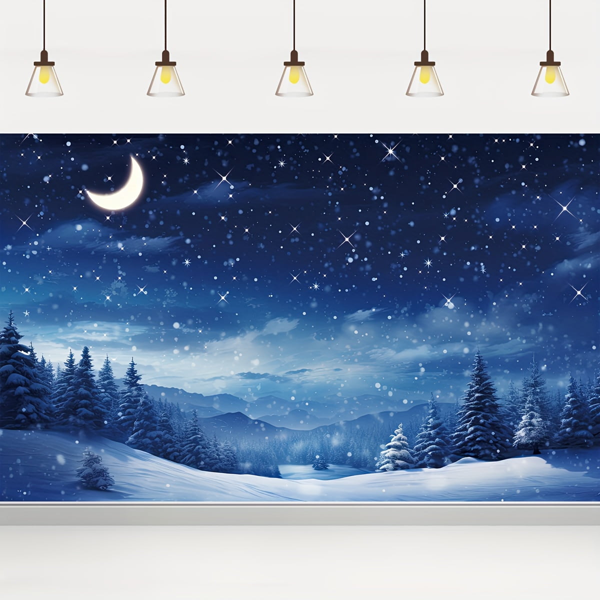 Winter Night Snowflake Photography Backdrop - Starry Sky, Moon, Pine ...