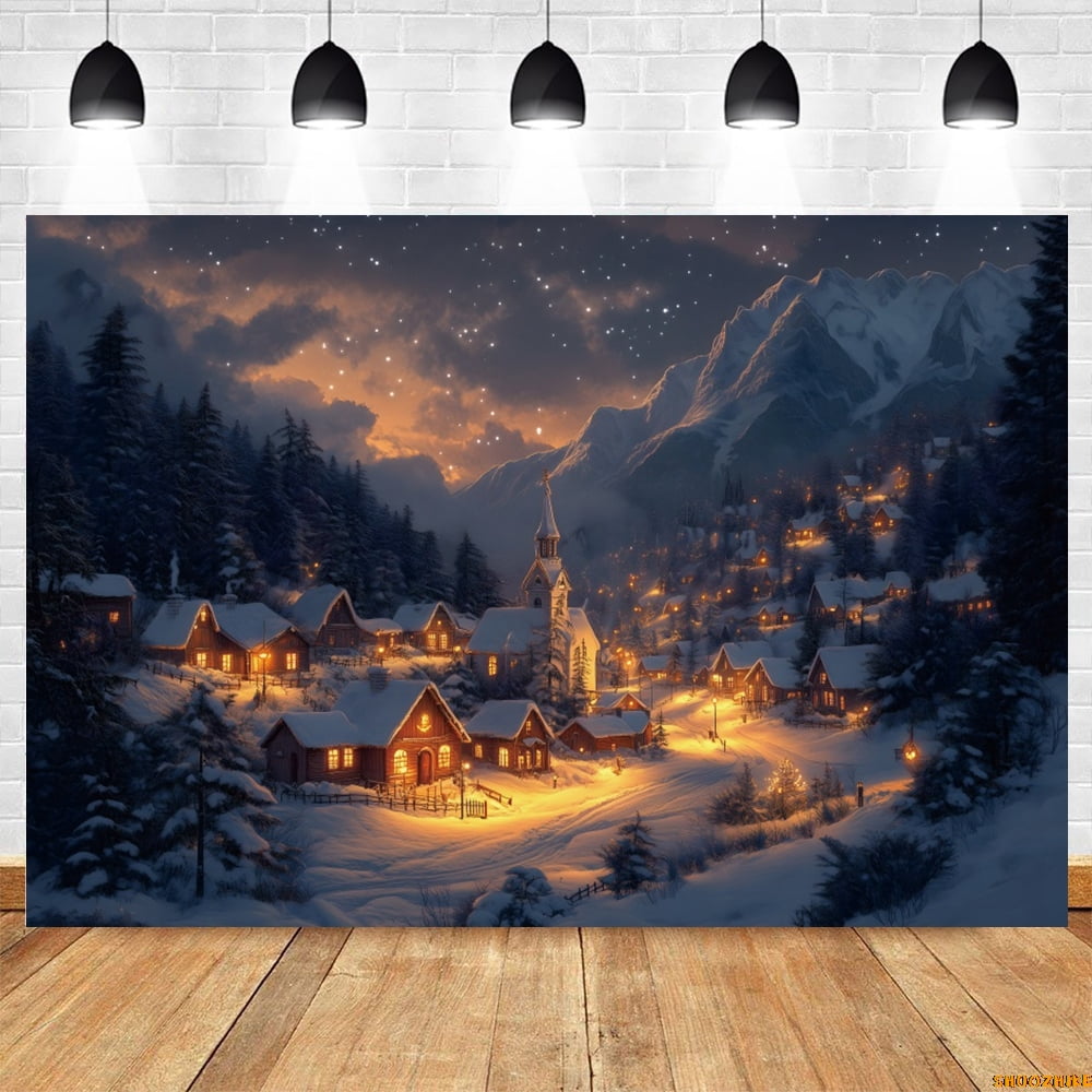 Winter Outdoor Scery Backdrop Photography Snow Mountain Forest Village ...