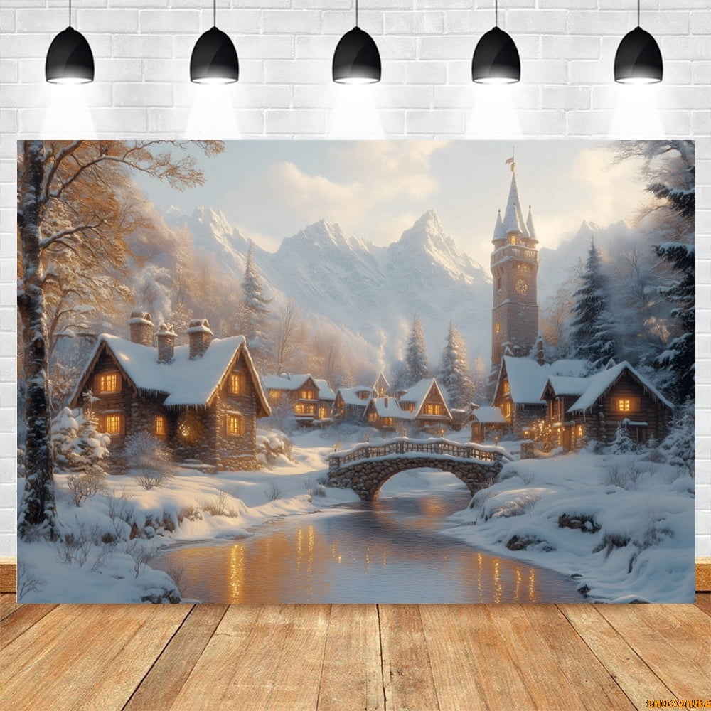 Winter Outdoor Scery Backdrop Photography Snow Mountain Forest Village ...