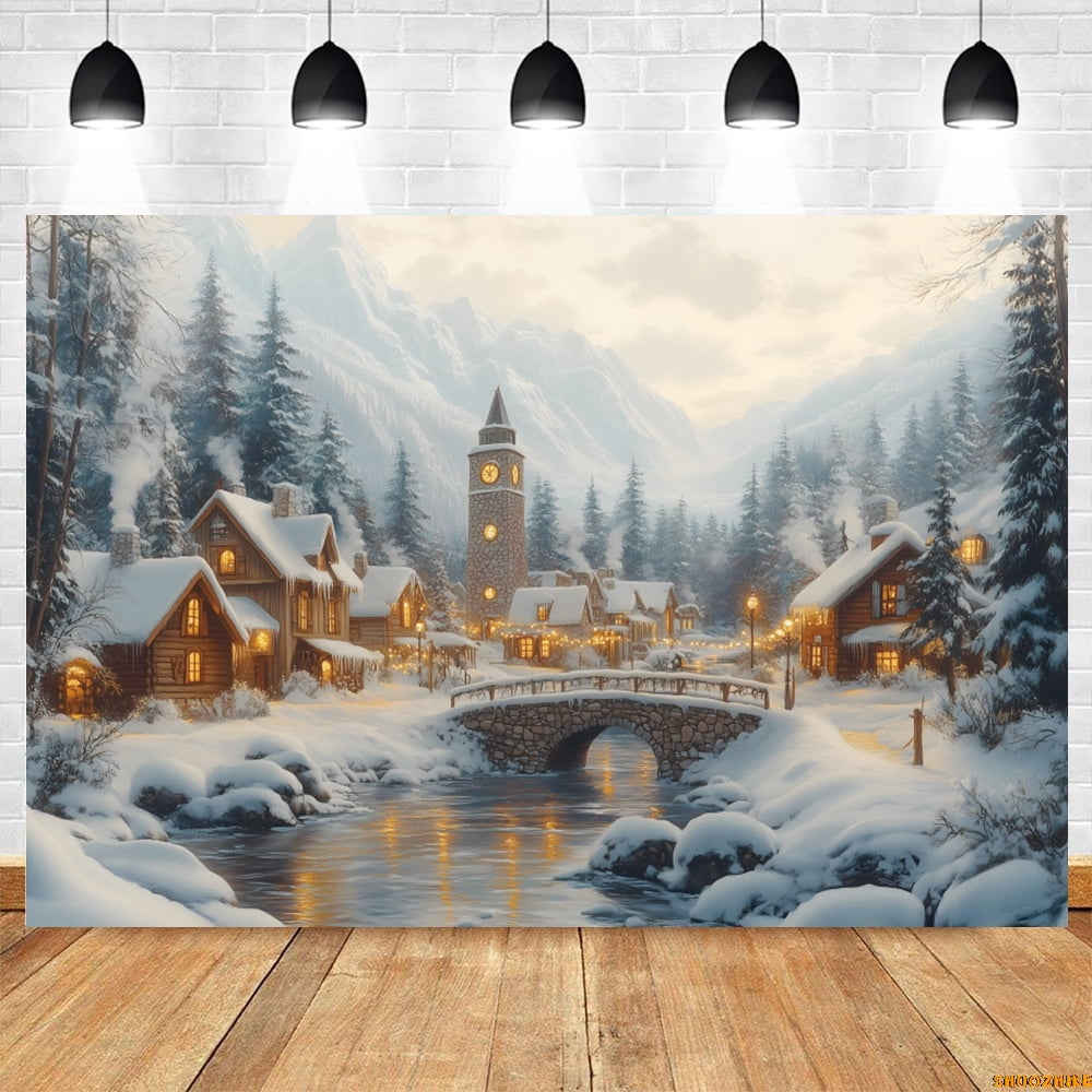 Winter Outdoor Scery Backdrop Photography Snow Mountain Forest Village ...