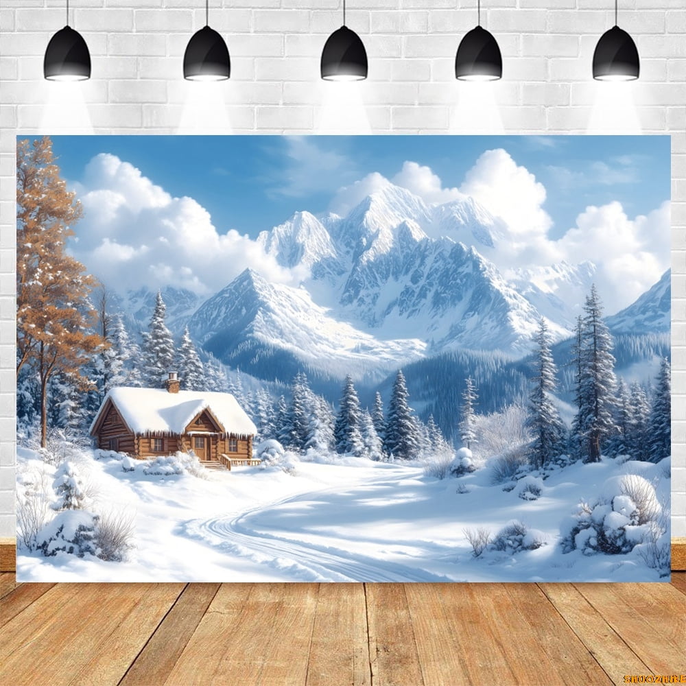 Winter Outdoor Scery Backdrop Photography Snow Mountain Forest Village ...