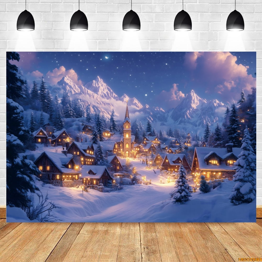 Winter Outdoor Scery Backdrop Photography Snow Mountain Forest Village ...