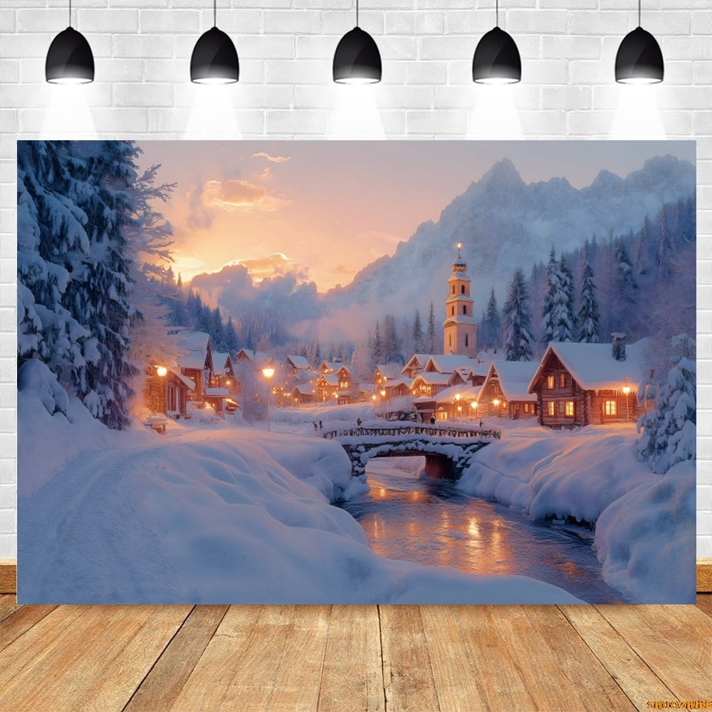Winter Outdoor Scery Backdrop Photography Snow Mountain Forest Village ...