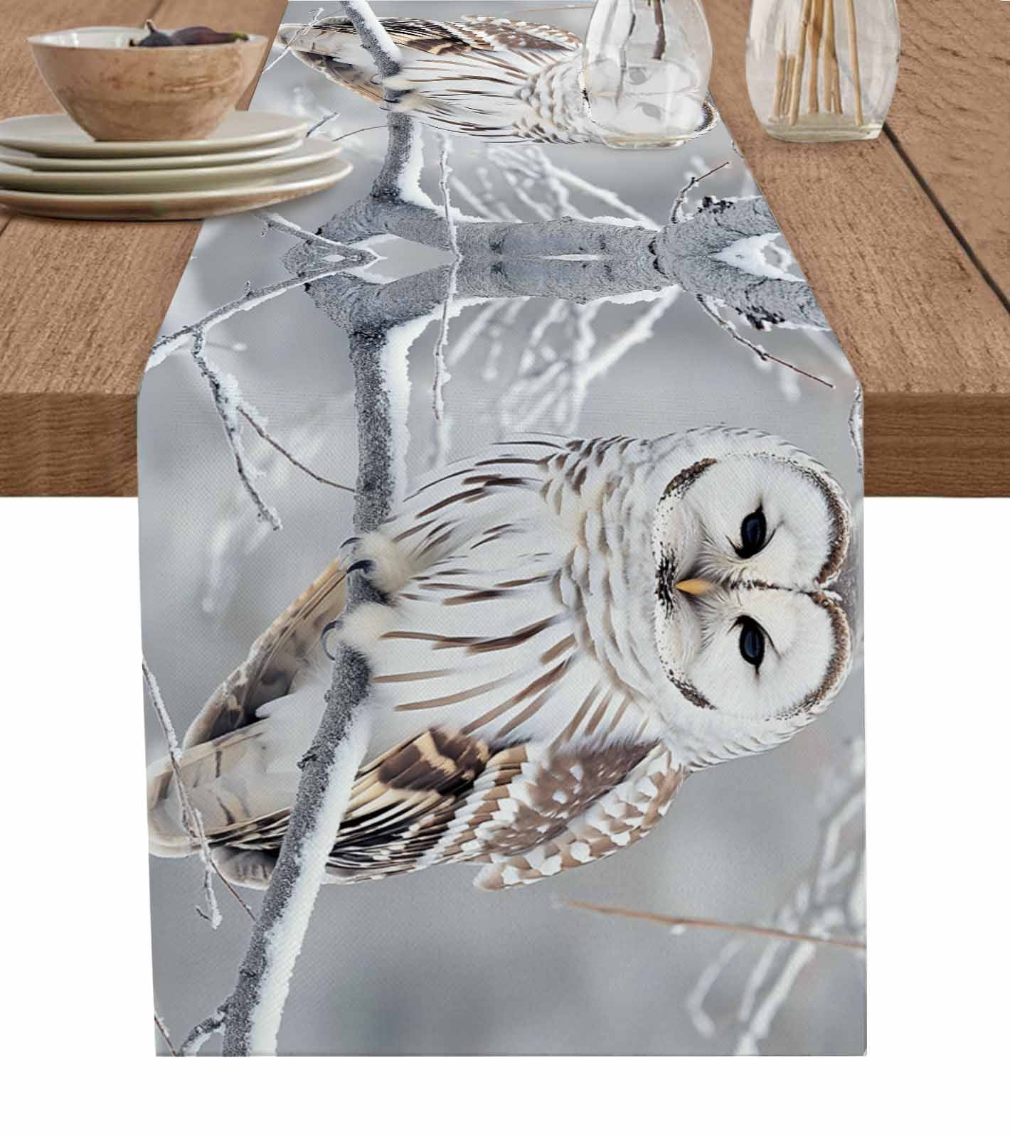 Winter Owl Table Runner Country Birds Animal Tree Branches Snow ...