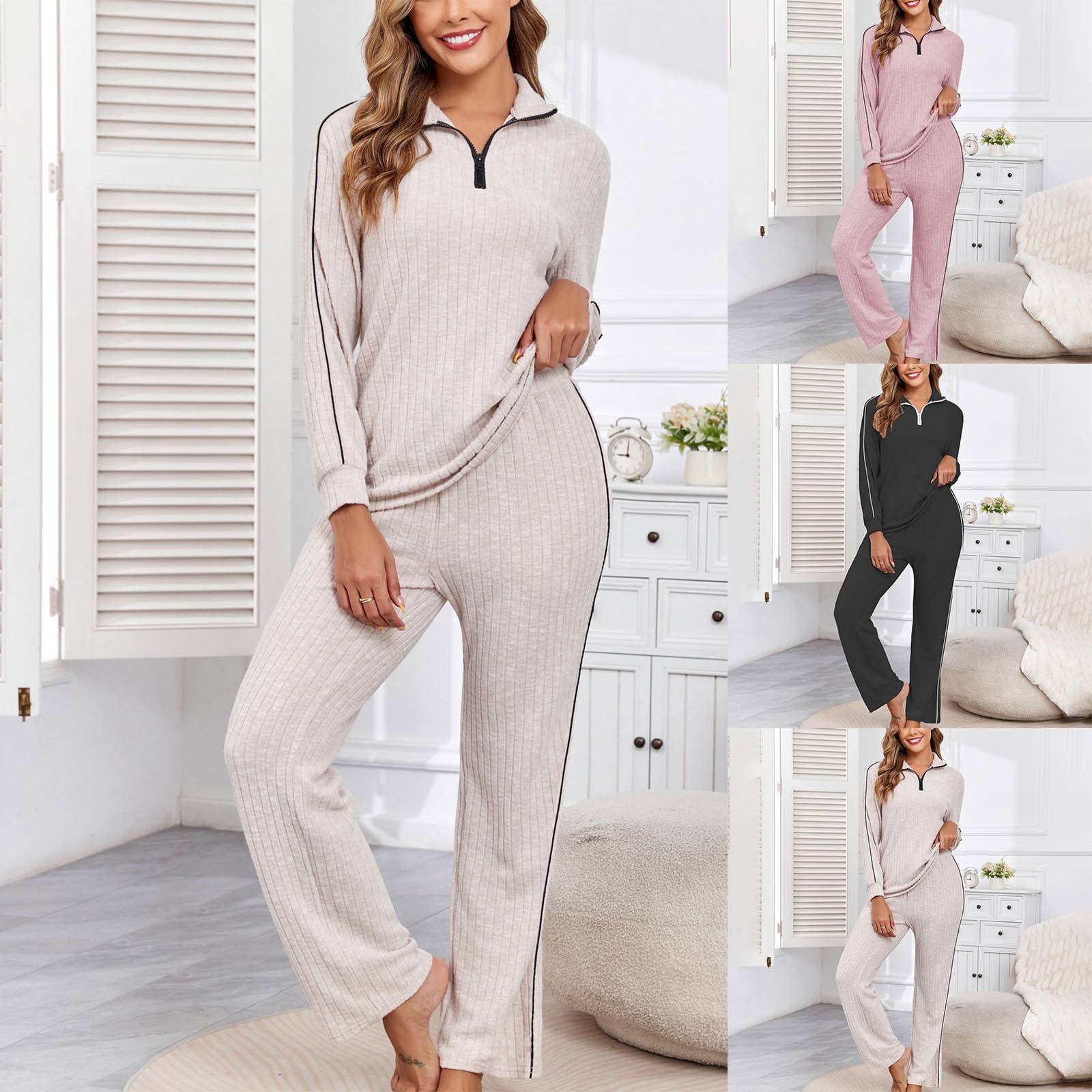 Winter Pajamas Set for Women Solid Color Zipper Long Sleeve Blouse Long ...