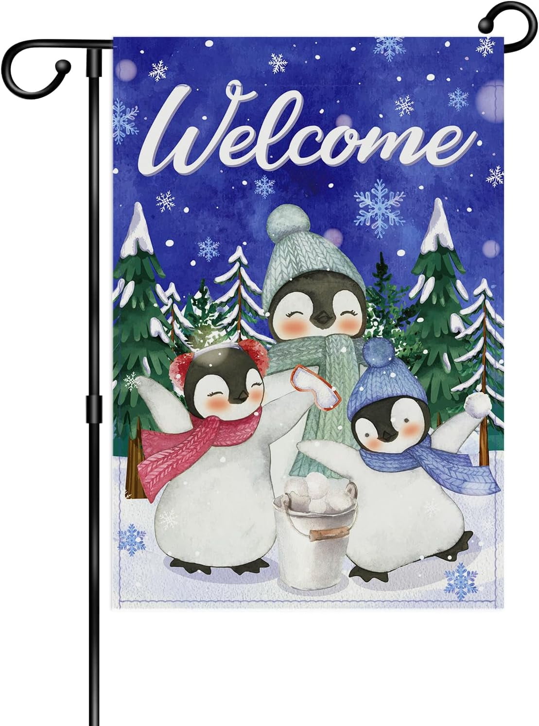 Winter Penguins House Flag Cute Cartoon Animal Snowflakes Scarfs Yard ...