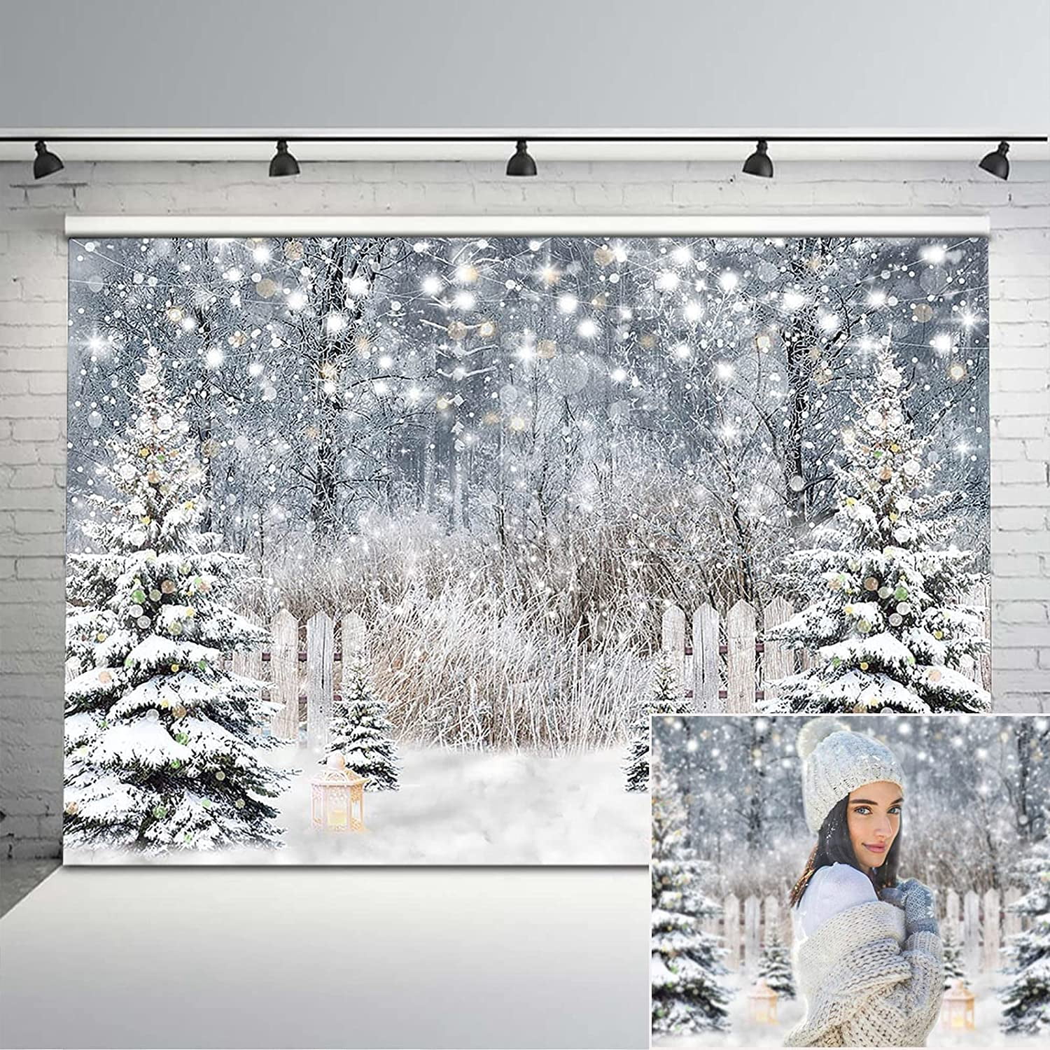 Winter Photography Backdrop Glitter Snowy Forest Pine Tree Background ...