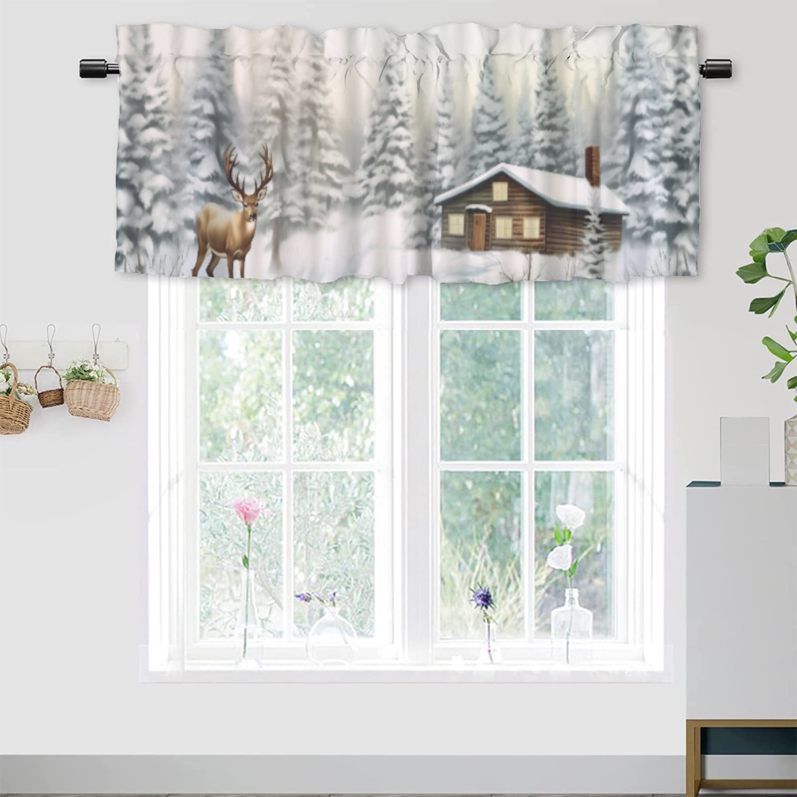 Winter Pine Tree Kitchen Curtain Valance Deer Snowy Forest Christmas ...