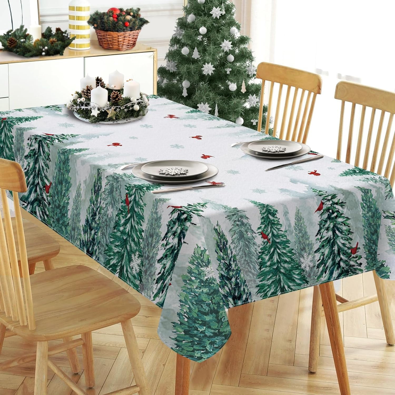 Winter Pine Tree Rectangle Tablecloth 60x84 Inch, Snowy Forest Cardinal ...