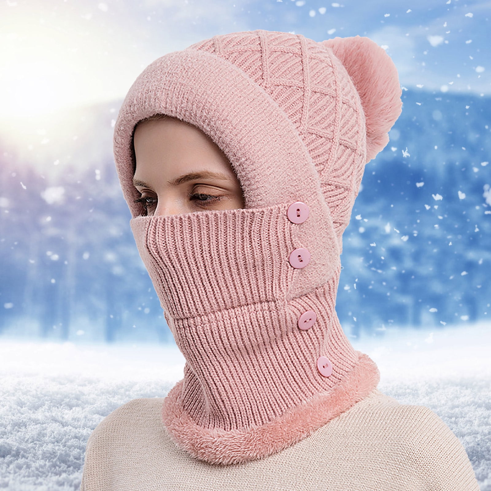 Winter Pink Women Outdoor Riding Headgear Cold-Proof Ski Cap Warm Bib ...