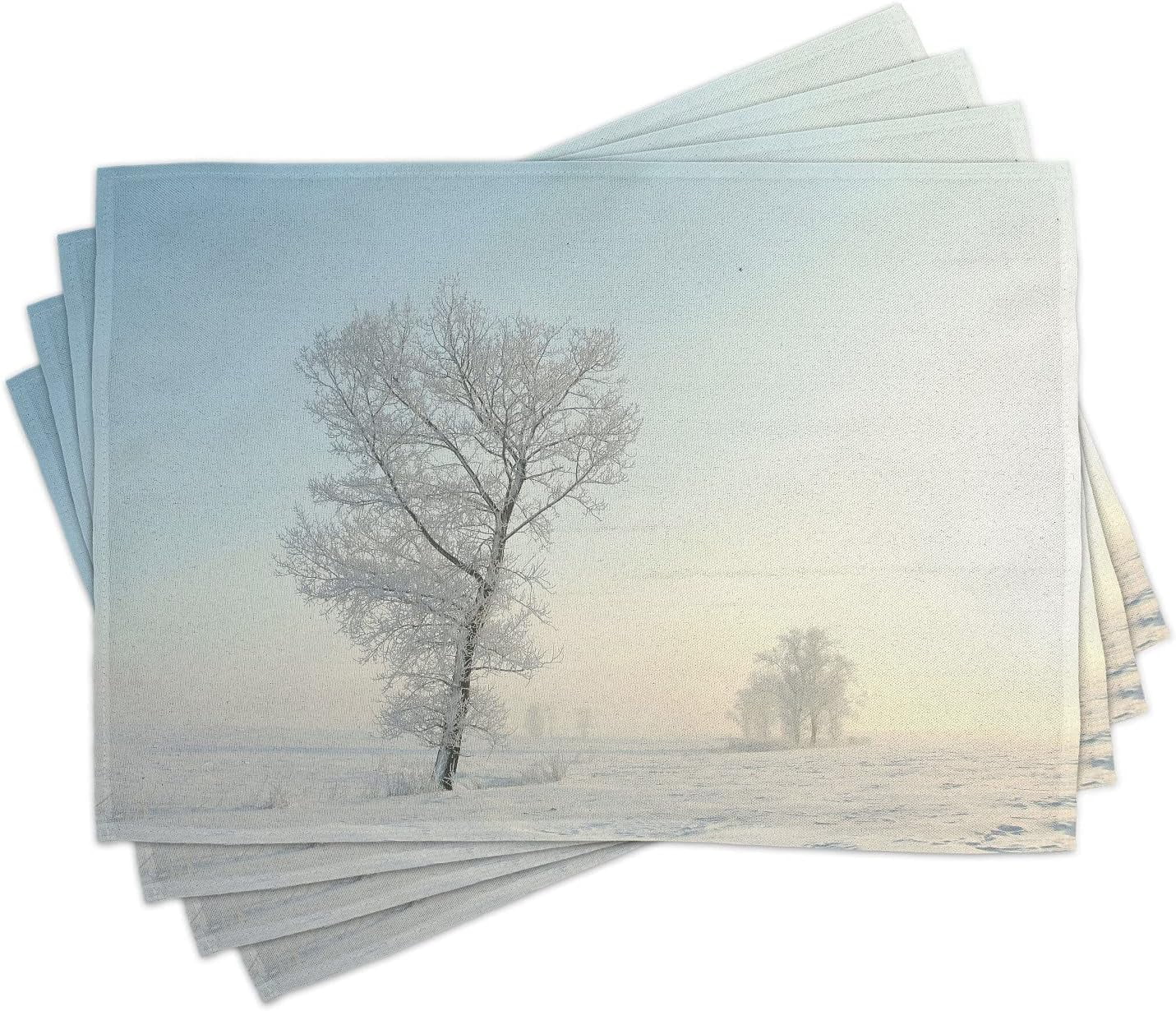 Winter Place Mats Set of 4, Frozen Tree on Sunny Winter Morning Rising ...