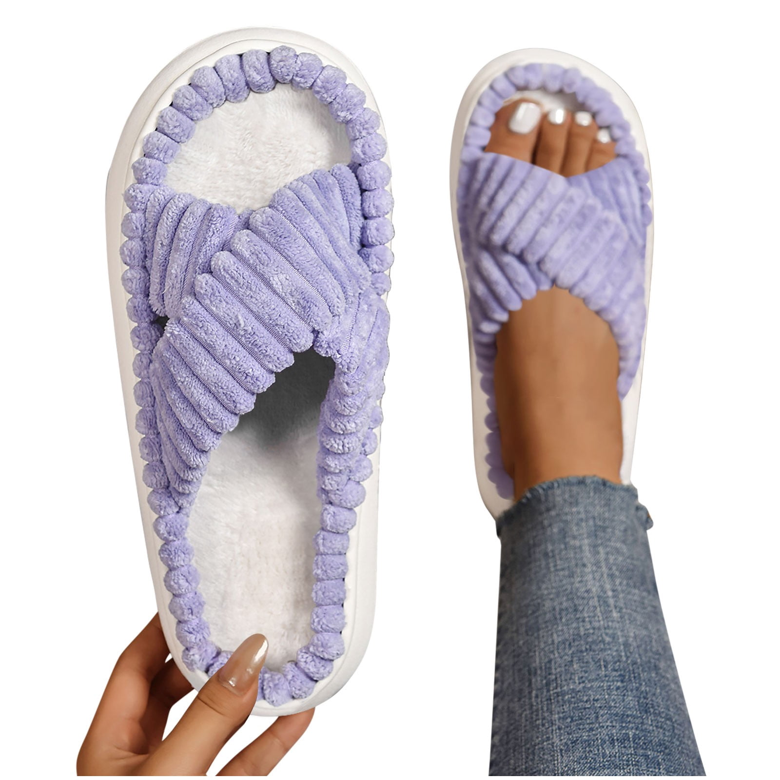 CHUMUD Women's Winter Plush Cross Slipper Flock Furry Fluffy Open Toe ...