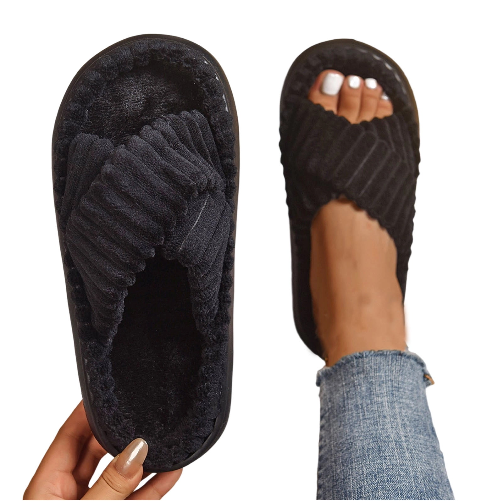 CHUMUD Women's Winter Plush Cross Slipper Flock Furry Fluffy Open Toe ...