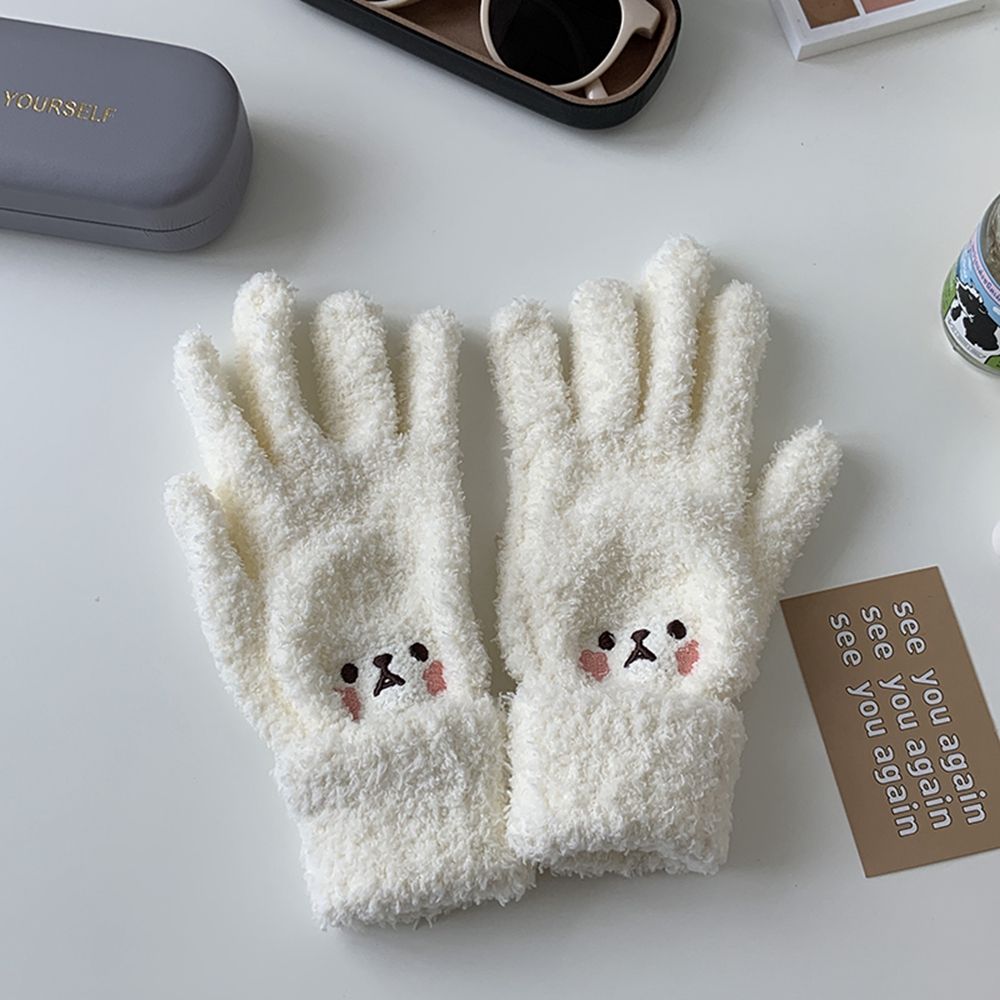 Winter Plush Cute Girl Gloves Warm Finger Gloves Embroidery Blush Bear ...
