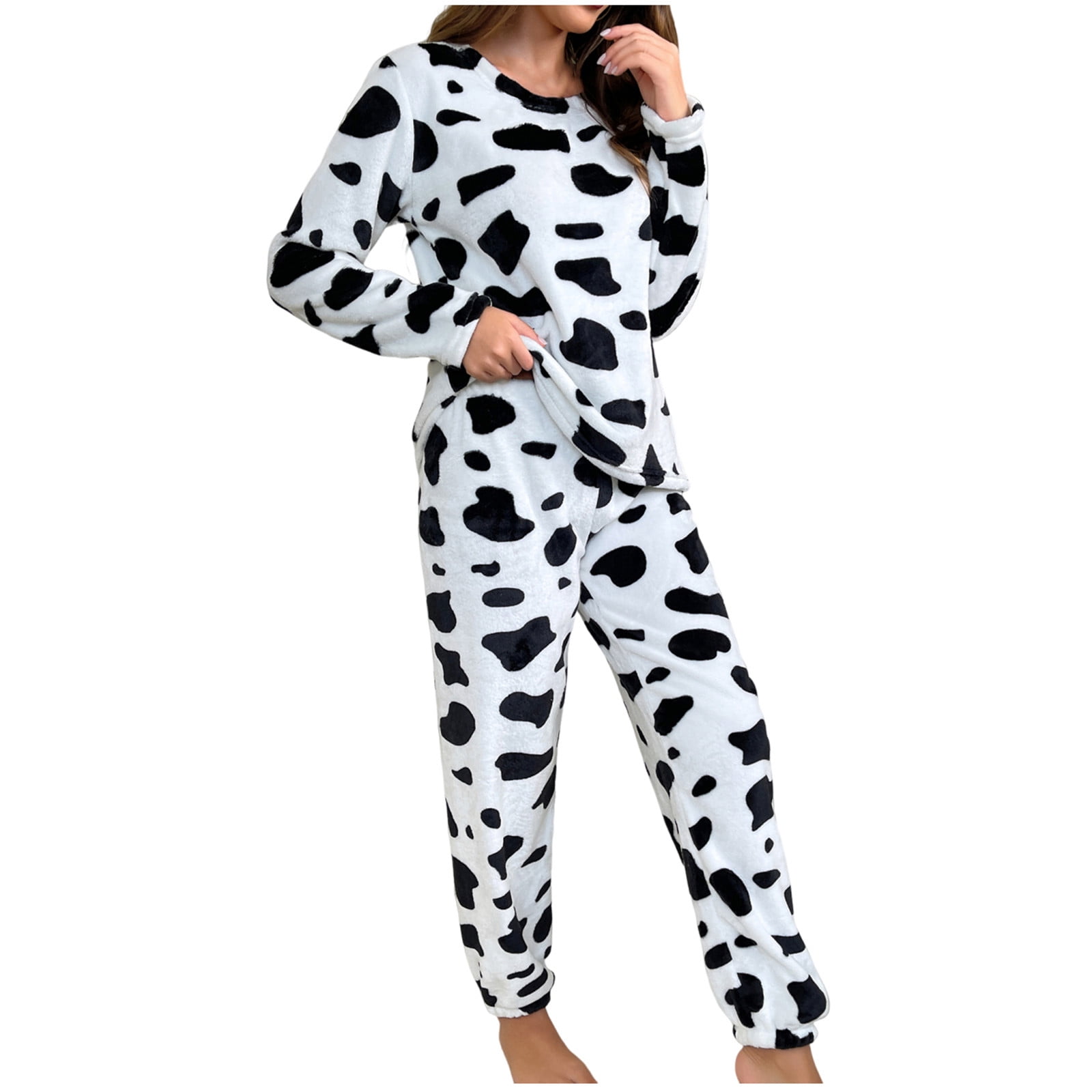 Winter Plush Pajamas Sets for Women Cute Cow Print Warm Soft Fuzzy ...