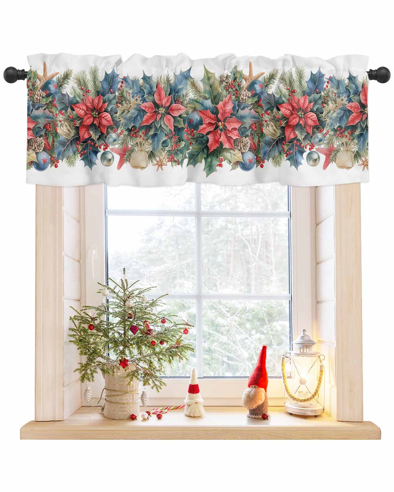 Winter Poinsettia Blue Xmas Ball Window Valance for Kitchen, Pine Cone ...