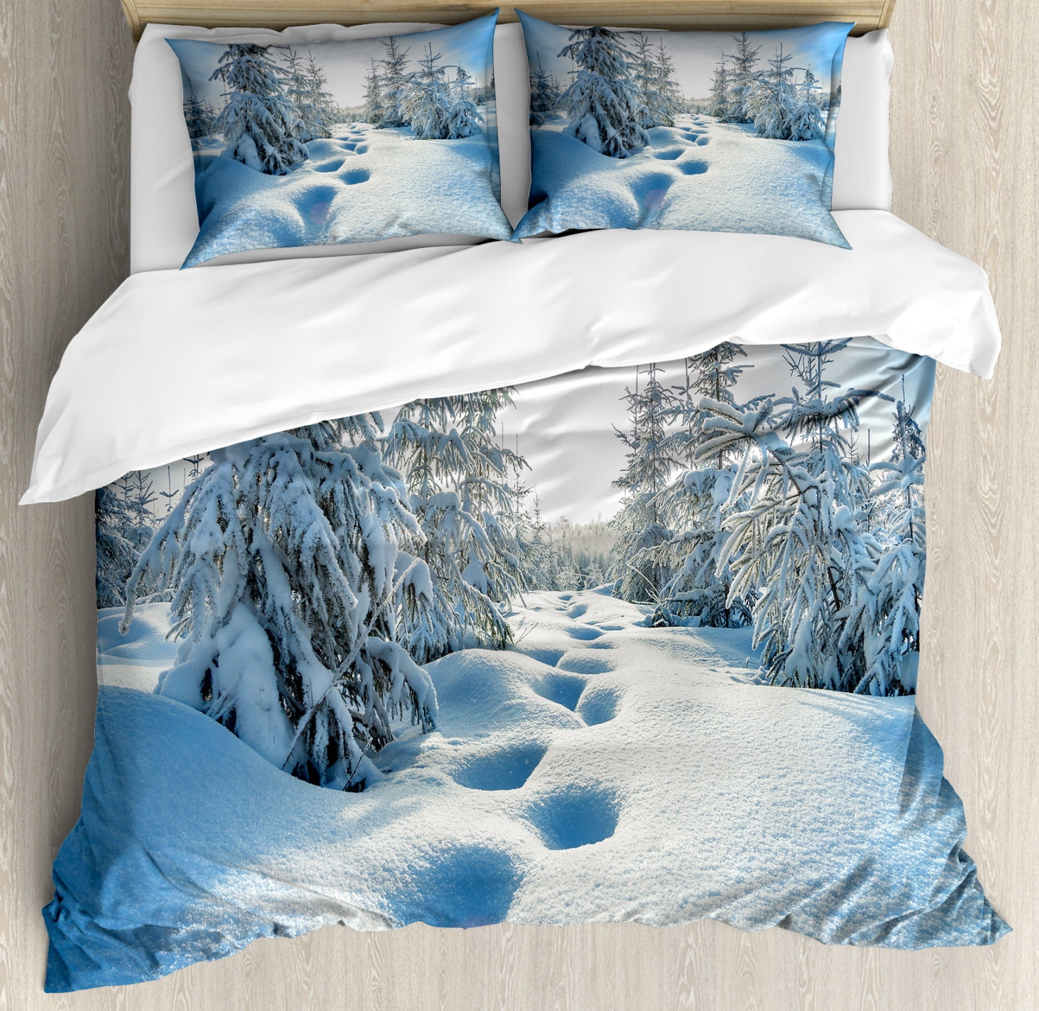 Winter Queen Size Duvet Cover Set, Winter Landscape with Forest and ...