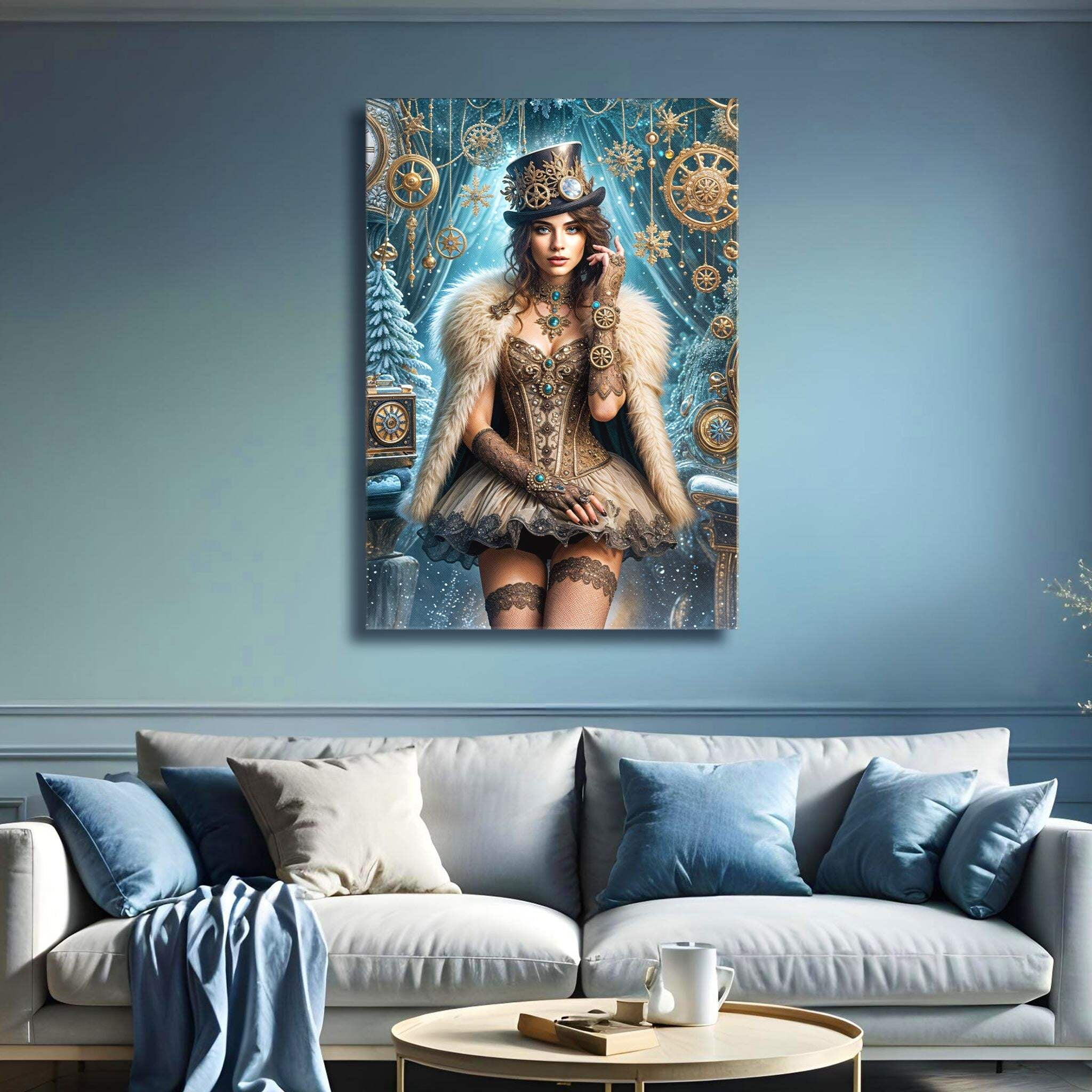 Winter Queen of Time Canvas Print – Steampunk Fantasy Wall Art, Elegant Clockwork Winter Decor ...