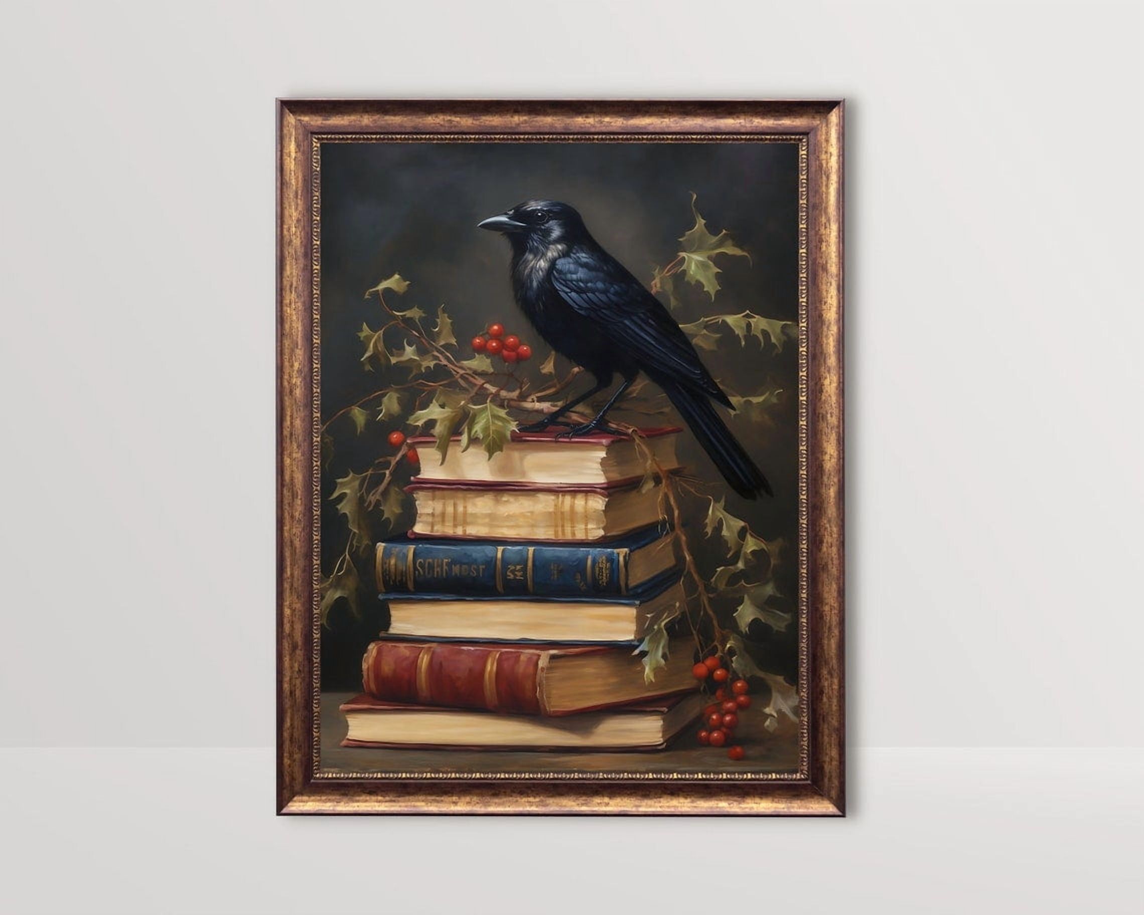Winter Raven On Books, Dark Academia Wall Art, Gothic Crow, Festive ...
