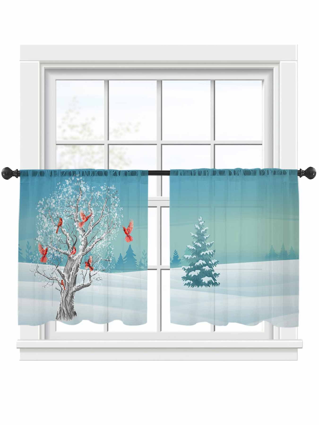Winter Red Bird Sheer Curtains 45 inches Long, Abstract Art Tree Snow ...