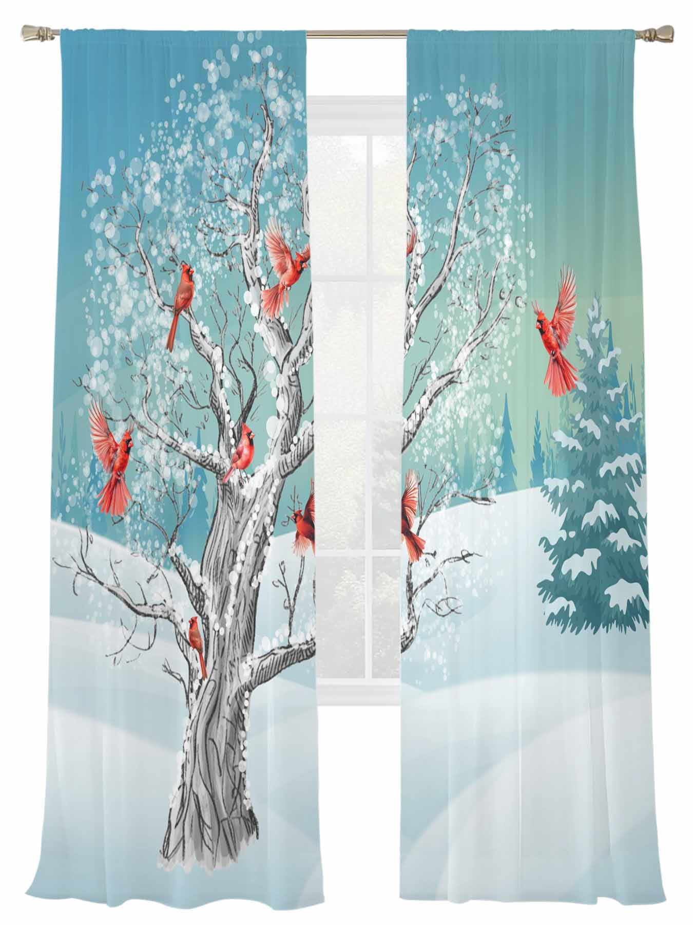 Winter Red Bird Sheer Curtains 96 inches Long, Abstract Art Tree Snow ...