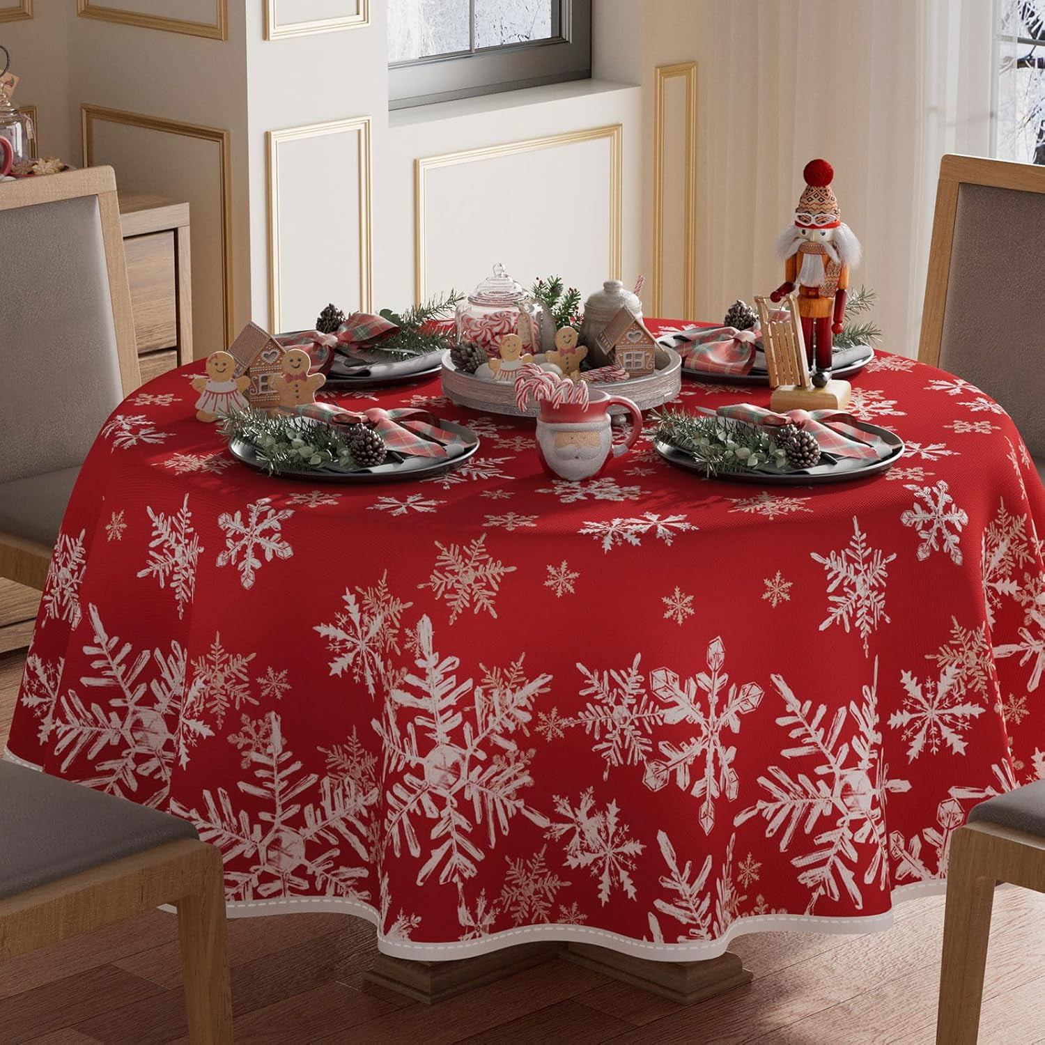 Winter Red Snowflakes Tablecloth Round Christmas Table Cloth Washable ...
