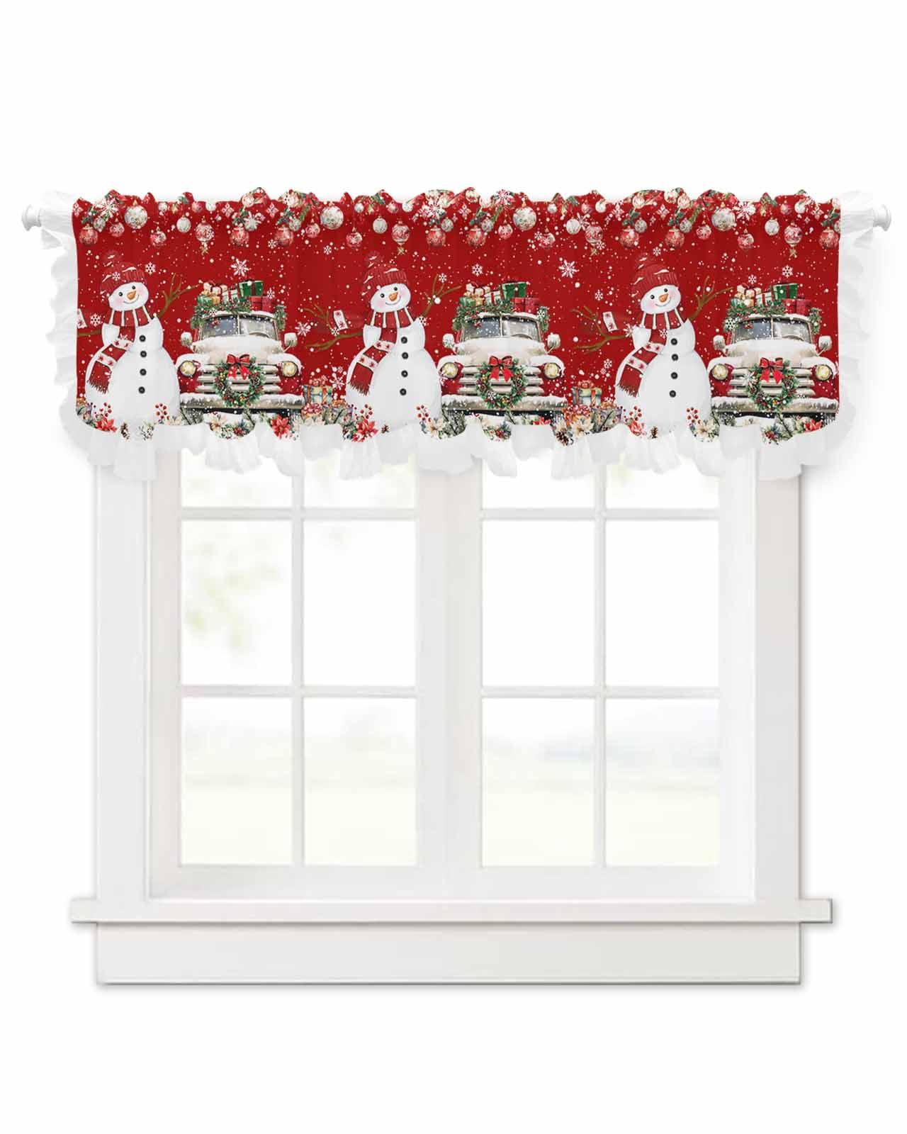 Winter Red Snowman Christmas Lorry Ruffled Valance for Windows ...