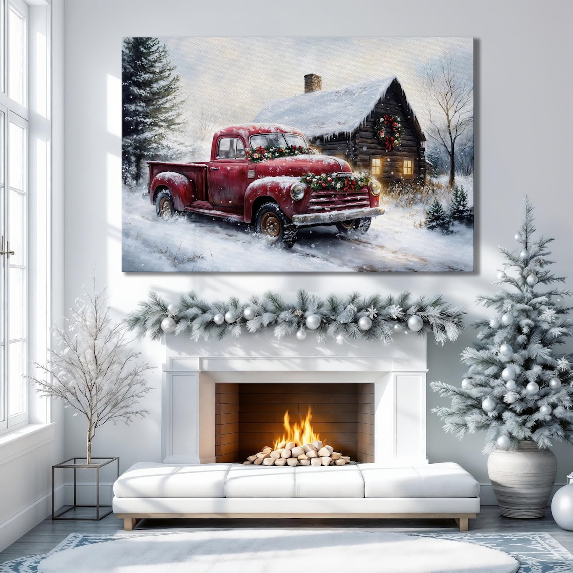 Winter Red Truck Wall Art Snowy Rustic Cabin Poster Festive Pickup ...