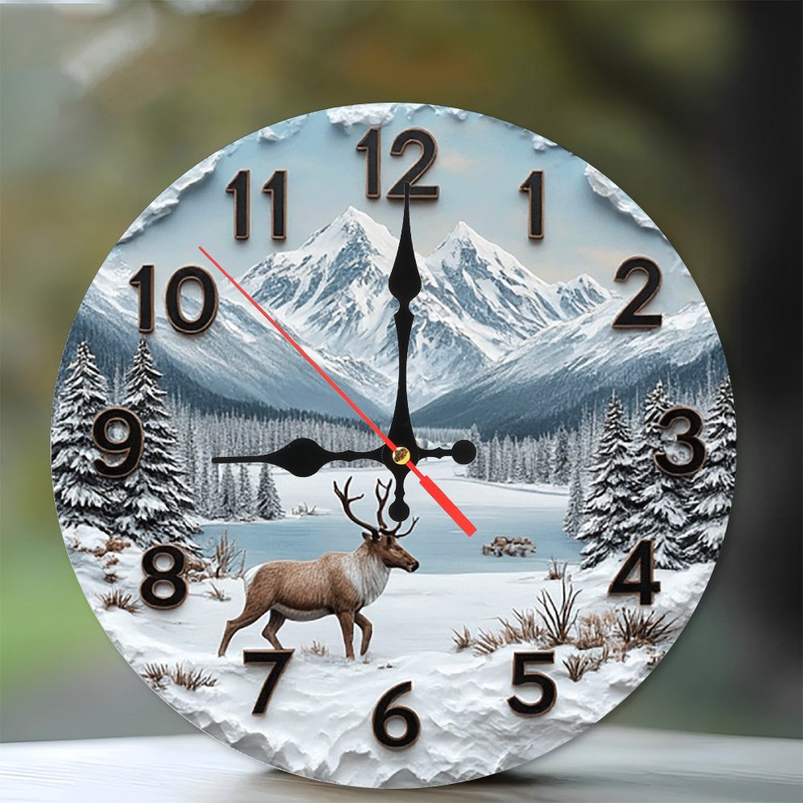 Winter Reindeer Mountain Clock Wall Decor 10-Inch Silent Wooden Wall ...