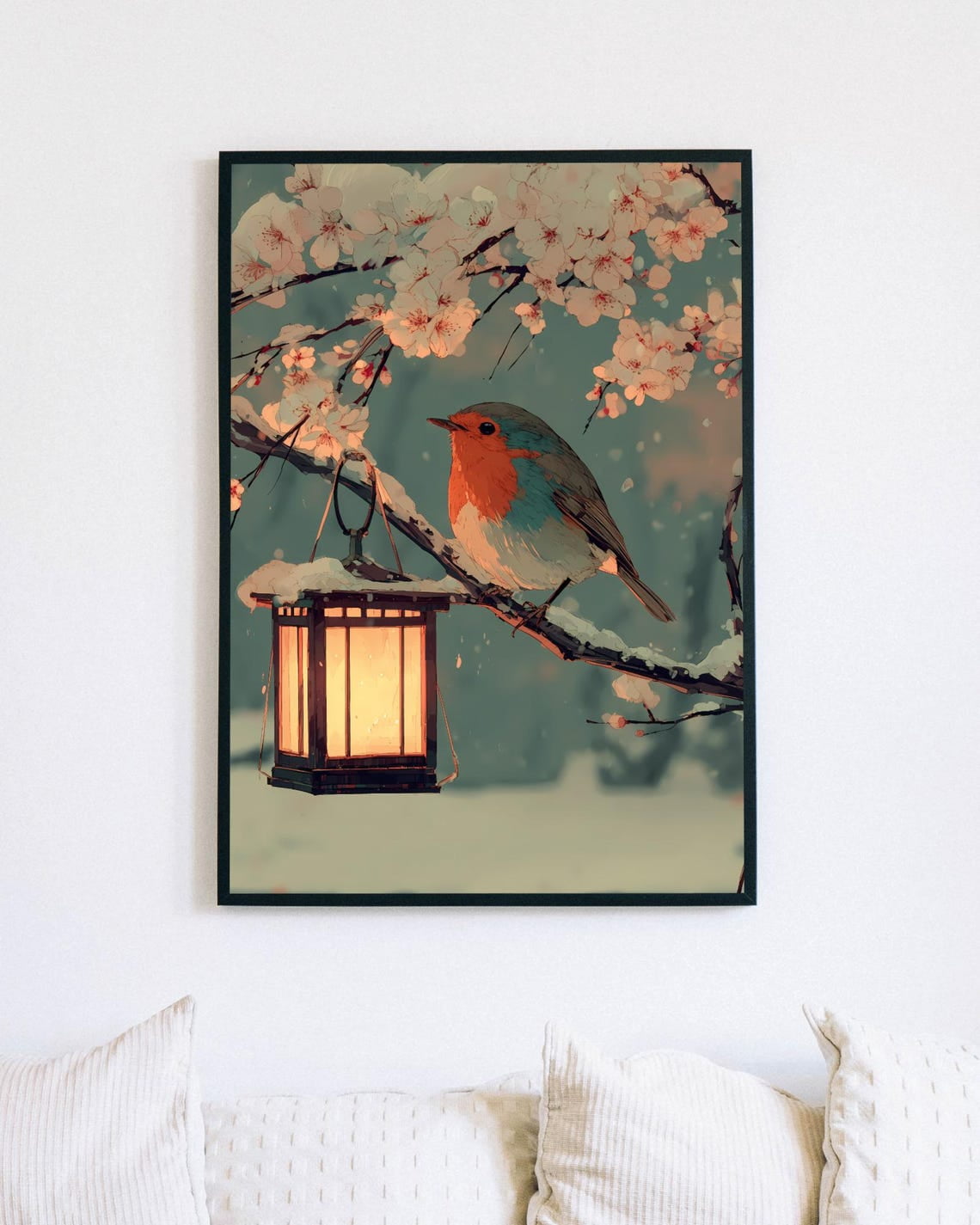 Winter Robin On Cherry Blossom Branch Print: Warm Lantern Hue Wall Art ...
