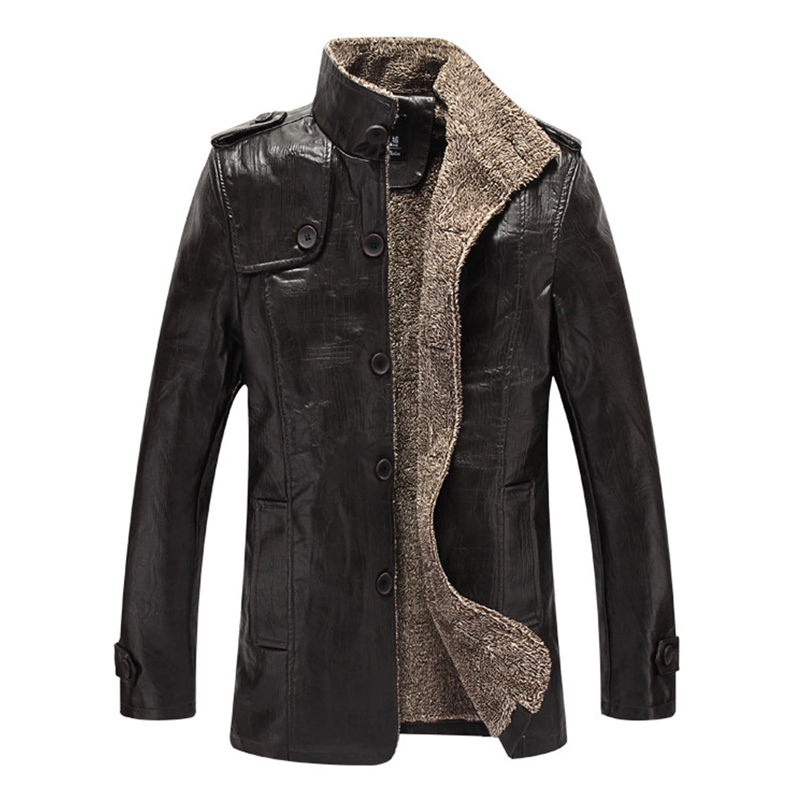 HWRETIE Men's Solid Casual Stand Up Collar Leather Breasted Jacket Warm ...
