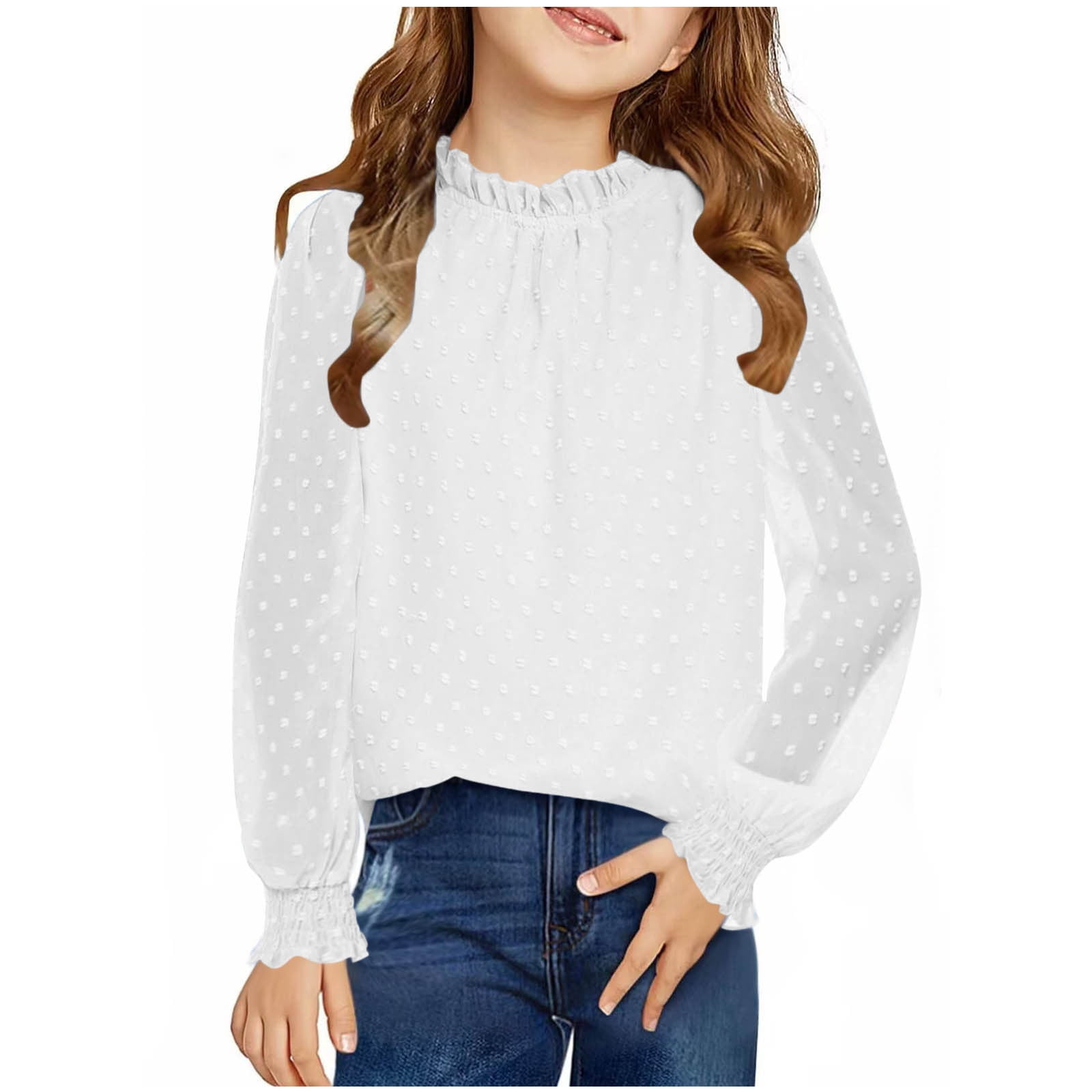 Nskgu Girls Long Sleeve Shirts Chiffon Blouses Swiss Dot Frill Neck ...
