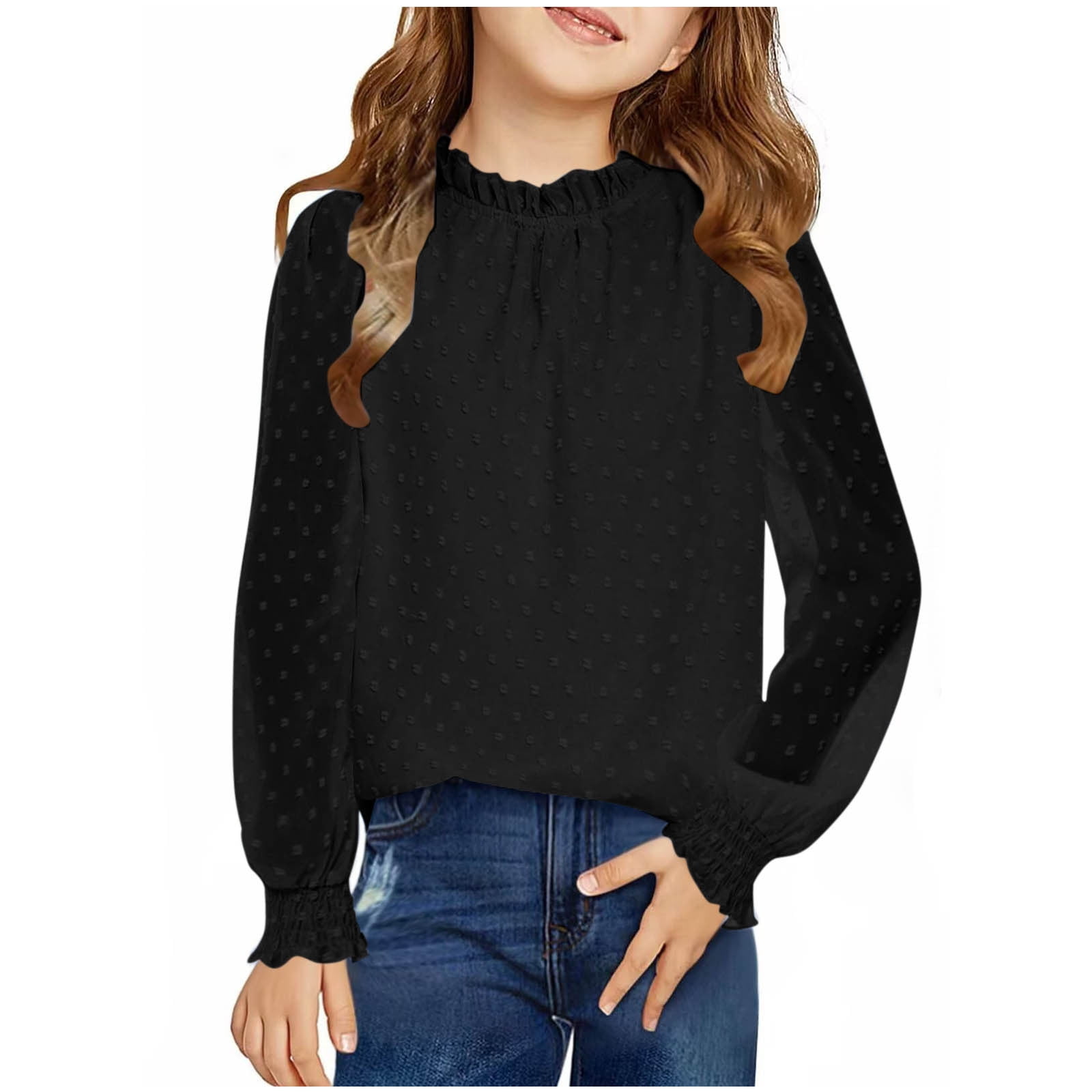 Nskgu Girls Long Sleeve Shirts Chiffon Blouses Swiss Dot Frill Neck ...