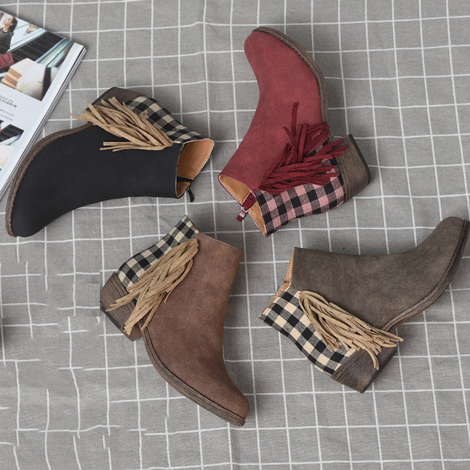 Suokom Boots for Women, Casual Fashion Fringe Plaid Fringed Splicing ...